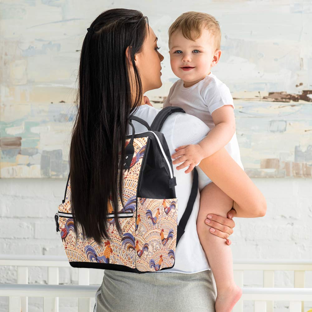 Shiiny Cute Roosters Chickens in Beige Floral Ornament Diaper Bag Backpack for Baby Care, Multi Function Waterproof and Cooler Tote Travel Backpack (Nappy Bag, Tissue Pocket)