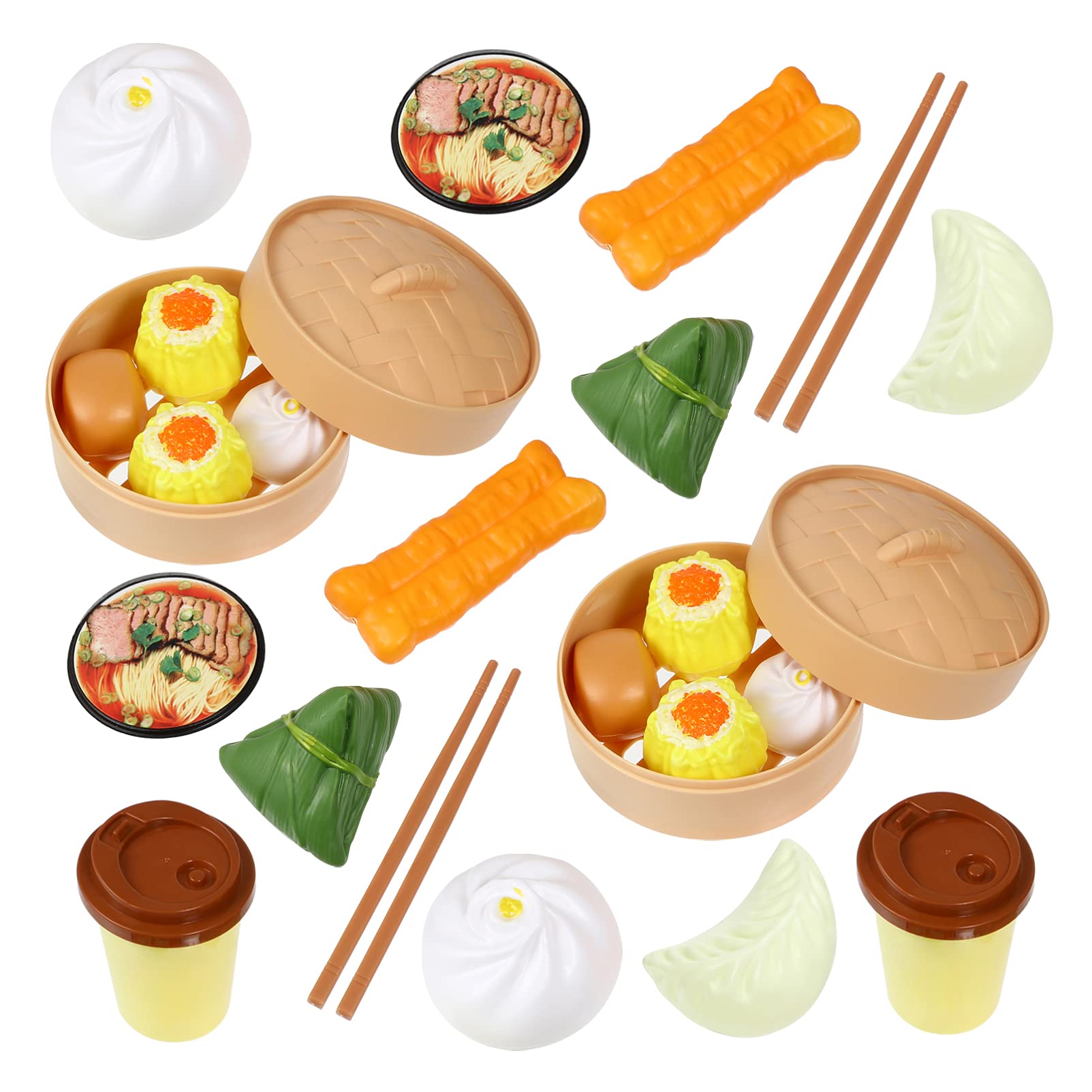 Play Food 26pcs Pretend Play Toy Asia Dim Sum Set Steamer Buns Chinese Breakfast Toy for Kids Food Kitchen Set Cooking Dish Asia Tea Time Birthday Gift, Style Random