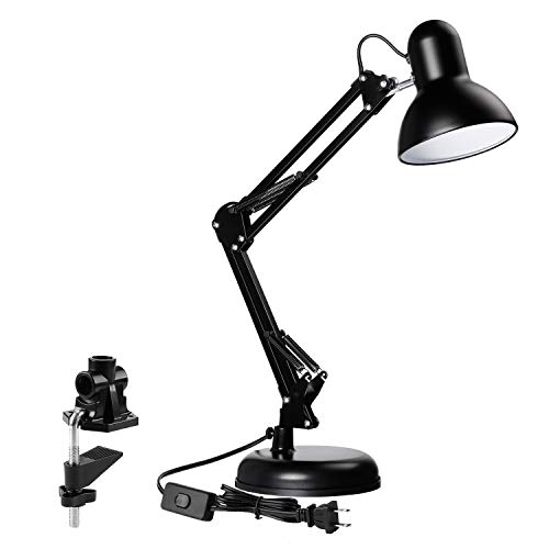TORCHSTAR Metal Swing Arm Desk Lamp, Interchangeable Base Or Clamp, Classic Architect Clip On Table Lamp, Multi-Joint, Adjustable Arm, Black Finish