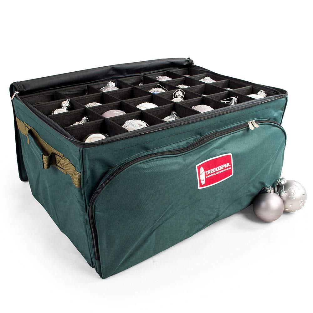 TreeKeeper (Green Christmas Ornament Storage Box with Dividers) - Deluxe Ornament Keeper - Holds 72 Ornaments up to 4 Inches in Diameter | 3 Removable Trays with Separators | Acid-Free Fabric Lining
