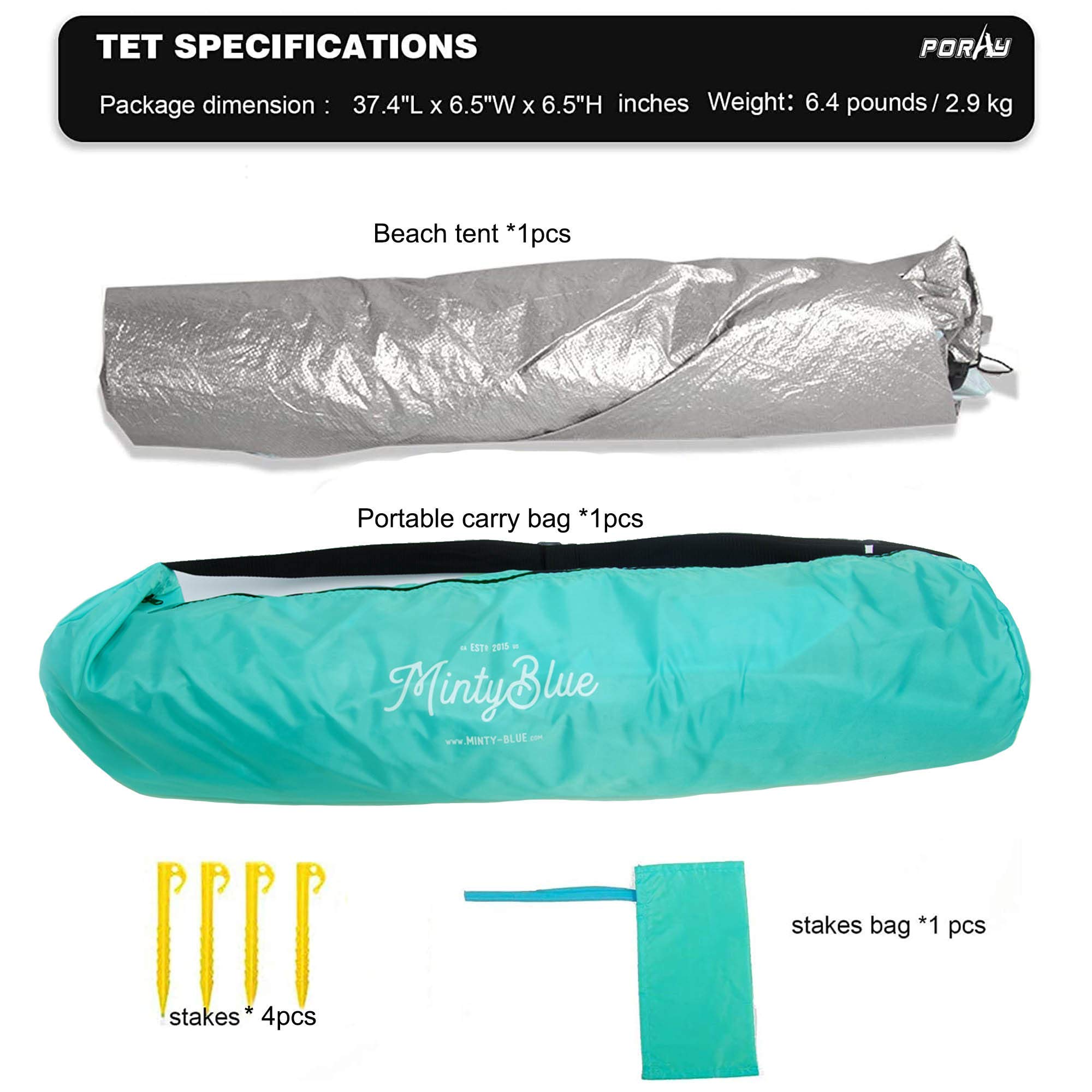 porayhut Easy Up Folding Beach Tent Sun Shade Shelter,3-4 Person for Family,SPF 50+,Large Mesh Roll Up Ventilation Windows,Storage Pockets,Carry Bag and Stakes