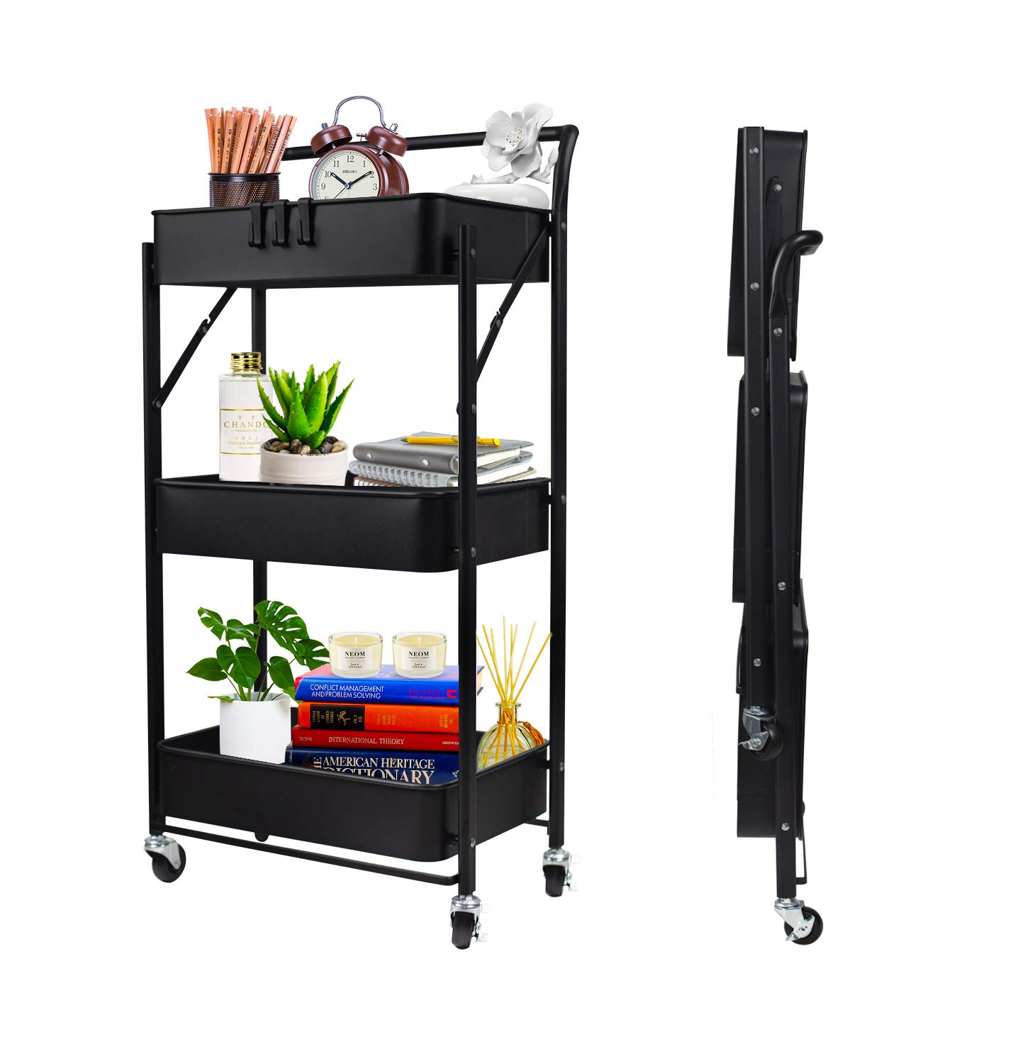 totolot 3-Tier Collapsible Rolling Utility Cart with Lockable Caster Wheels, Metal Storage Cart for Classroom, Office, Bathroom, Black
