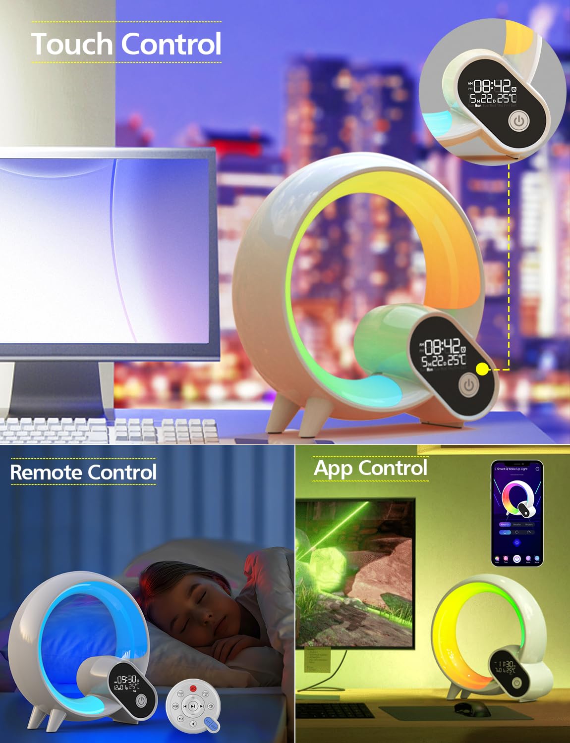 Smart Night Light for Kids,Wake Up Light Sunrise Alarm Clock,Ambient Light & Sleep Assistant White Noise Sound Machine Baby Night Light,App,Bluetooth Speaker,Snooze,Timer,Remote Control,Ideal for Gift