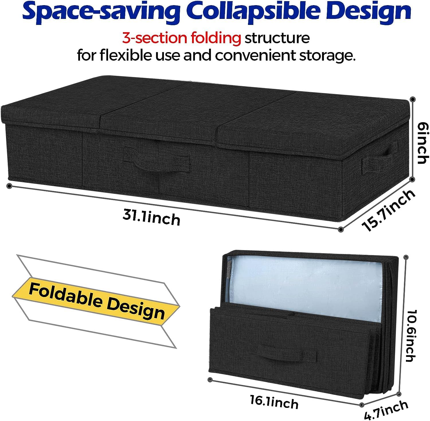Under Bed Storage, Large Underbed Storage Containers with Lids, Foldable Clothes Storage Bins W/ Reinforced Handle for Bedroom Organization, Closet Organizers for Blanket, Shoe, Pillow -2 Pack, Black