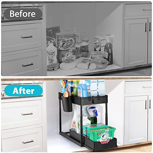 Under Sink Organizers and Storage, Adjustable Height Sliding Drawer 2 Tier Cabinet Organizer with Pull Out Drawer/Hook/Cup/Dividers for Bathroom Kitchen (Black)