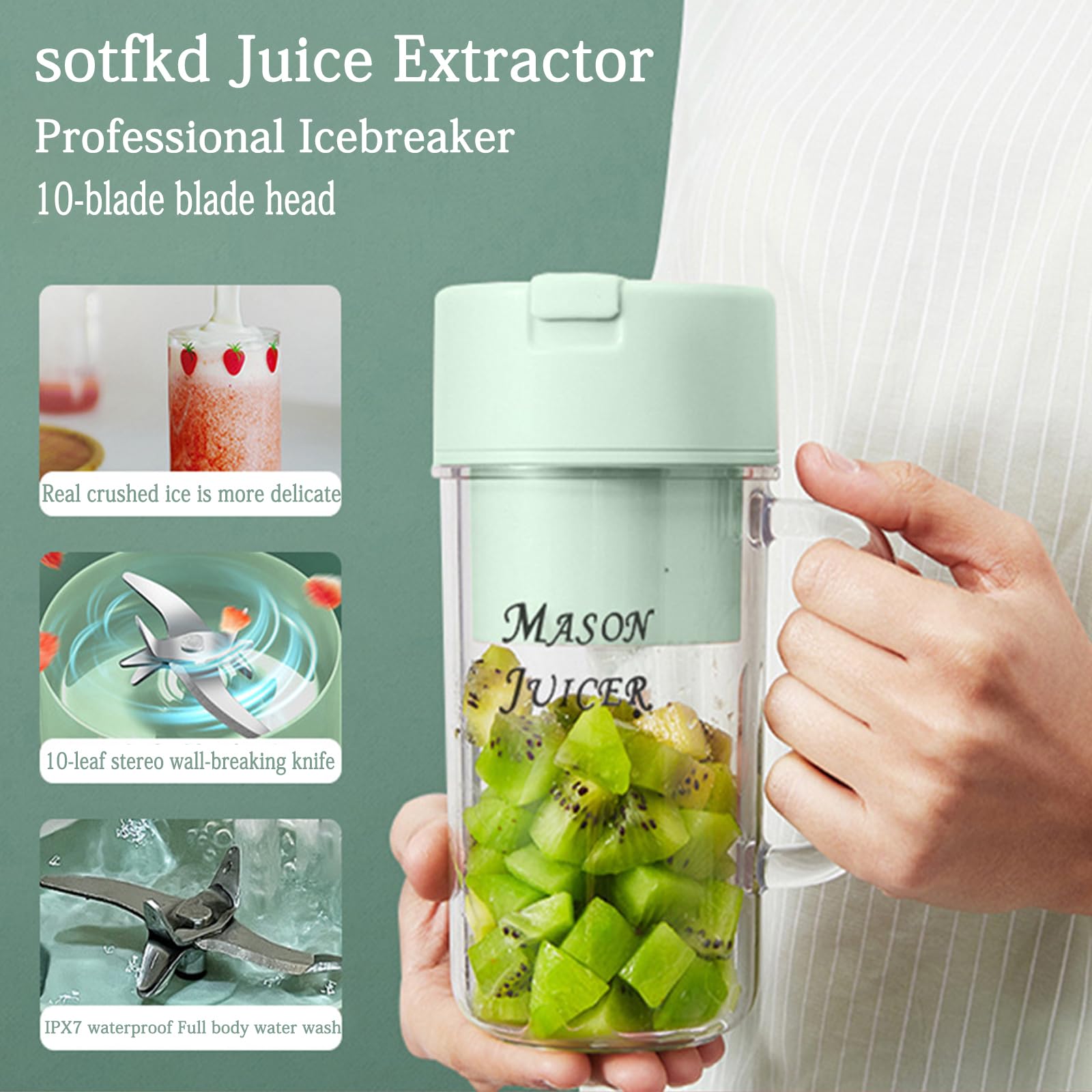 Portable Blender, sotfkd Personal Size Blender for Shakes and Smoothies with 10 Blades, 16 Oz Mini Blender Cup with USB Rechargeable & Handle & Free Straw for, Home, Kitchen, Office, Travel(green)