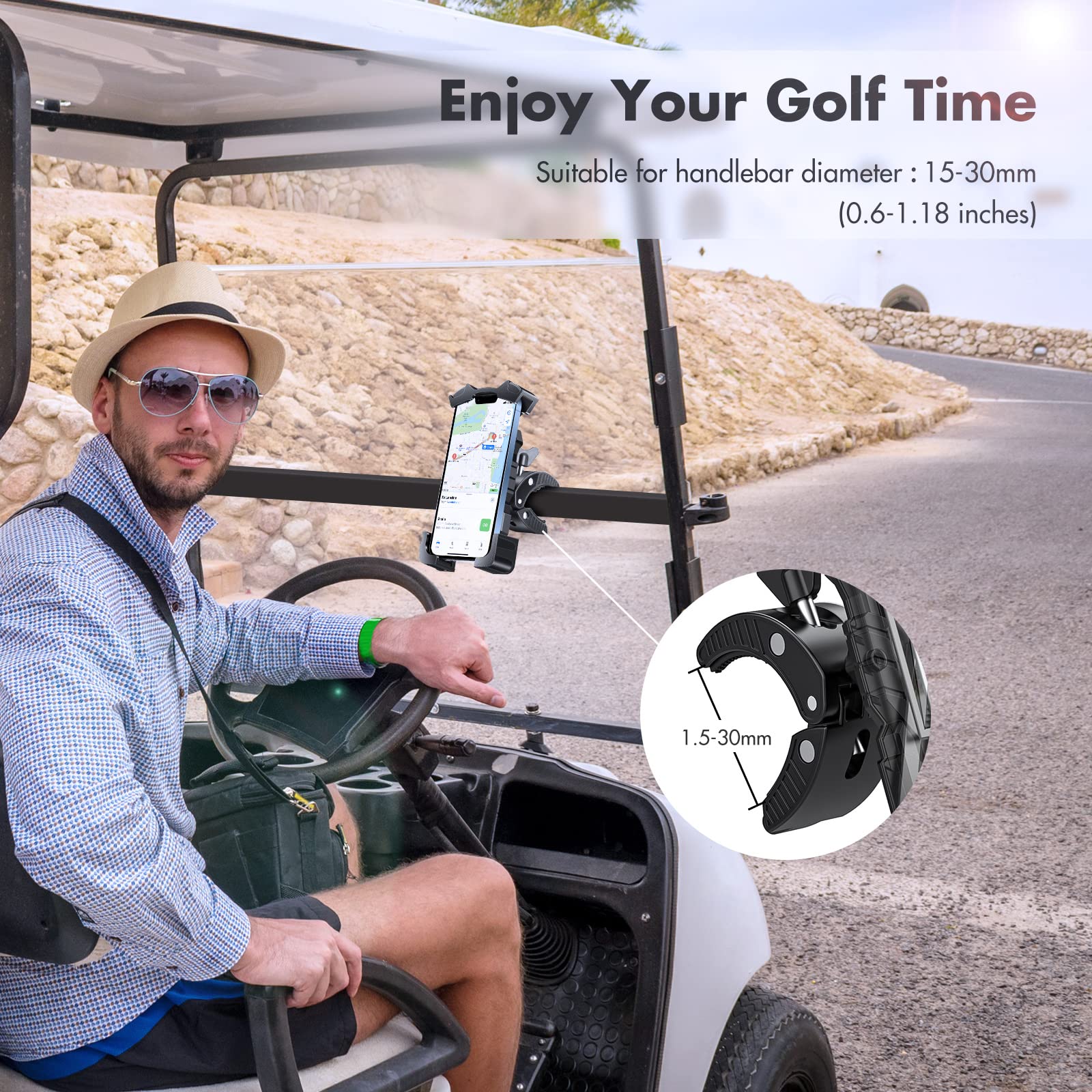 Universal Golf Cart Phone Holder, Adjustable Bike Phone Mount Bike Phone Holder for Handlebars Compatible with iPhone14,13,12,11, Pro Max ,Samsung Galaxy S21, S10, S9,and All 4.7-6.8” Cellphone