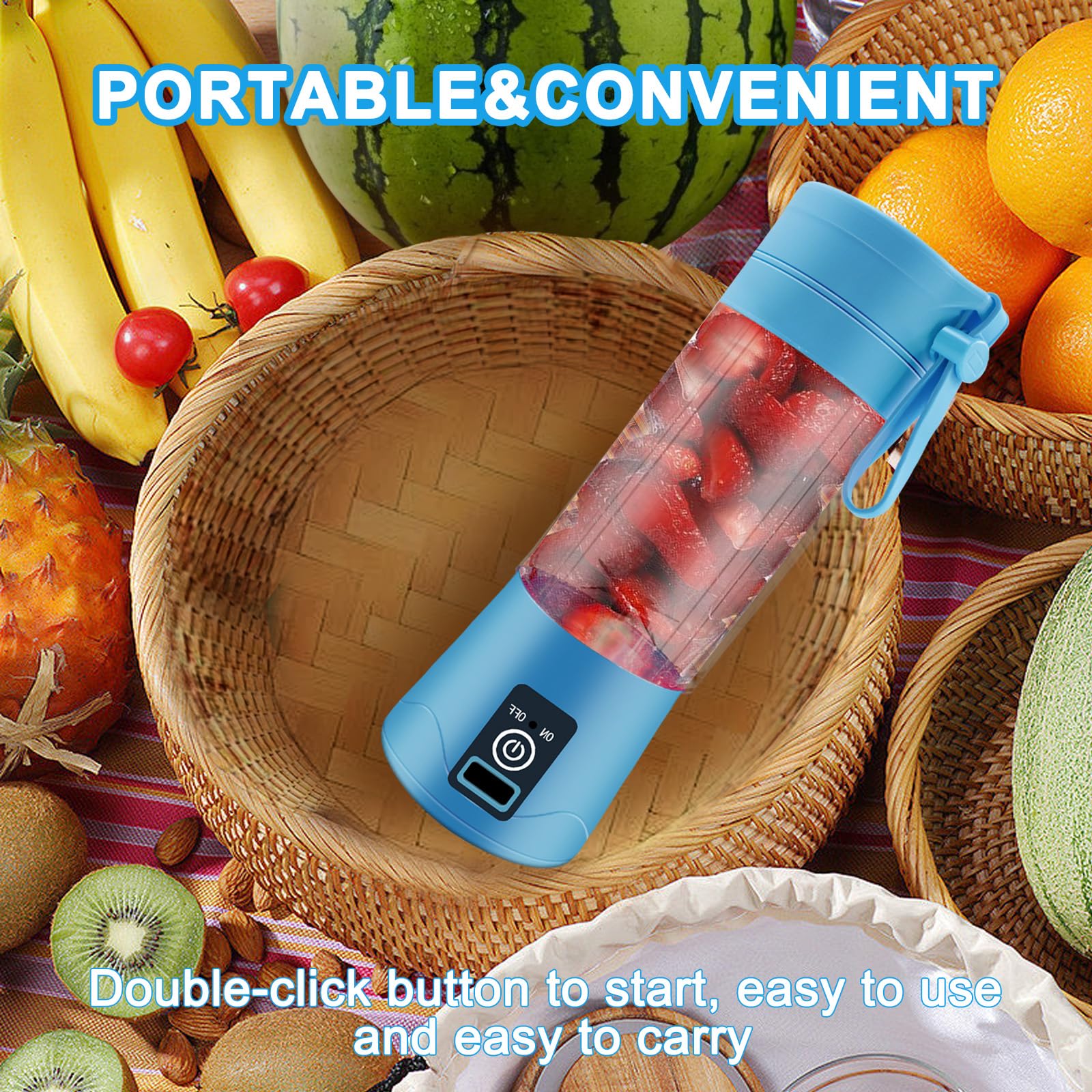 Portable Blender,Personal Blender for Shakes and Smoothies,Personal Size Blenders with USB Rechargeable Mini Fruit Juice Mixer, Mini Juicer Smoothie Blender Bottles Travel 380ML,Blue