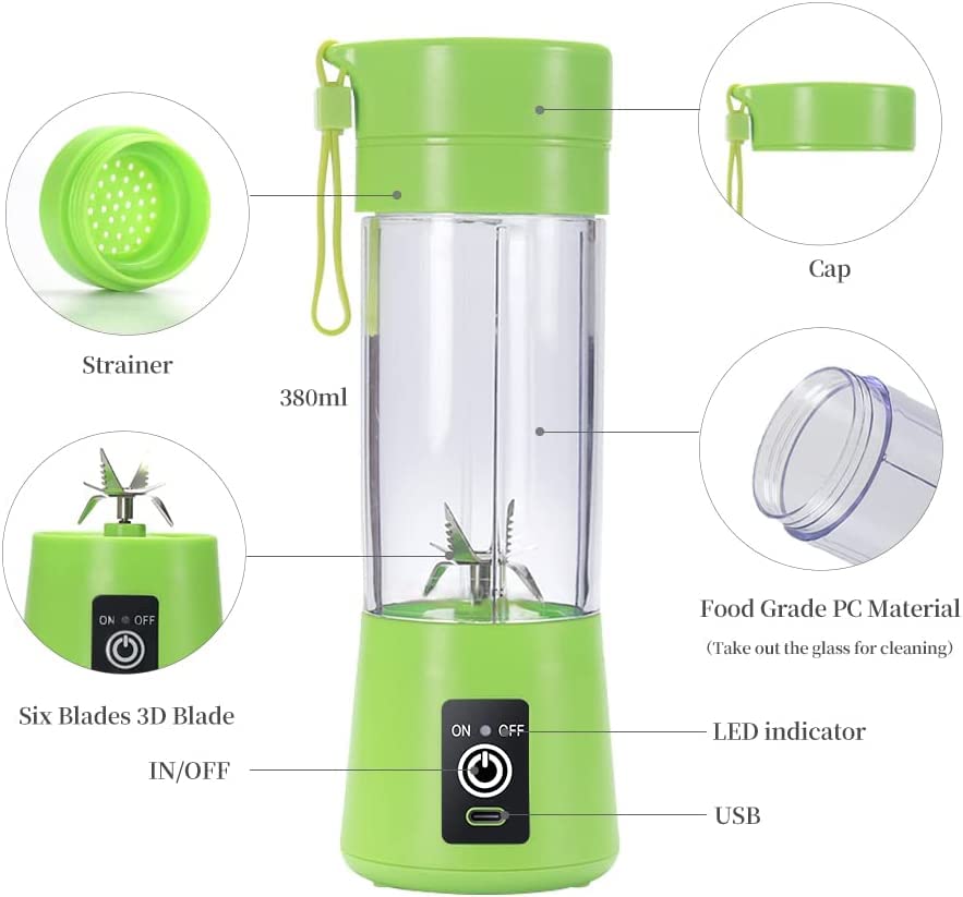 Portable Blender Mixer,Personal Juicer,Smoothies and Shakes Blender,HandCup Fruit Machine Blender 380 ML (Blue, Pink, Purple & Pink Color available) (Green)