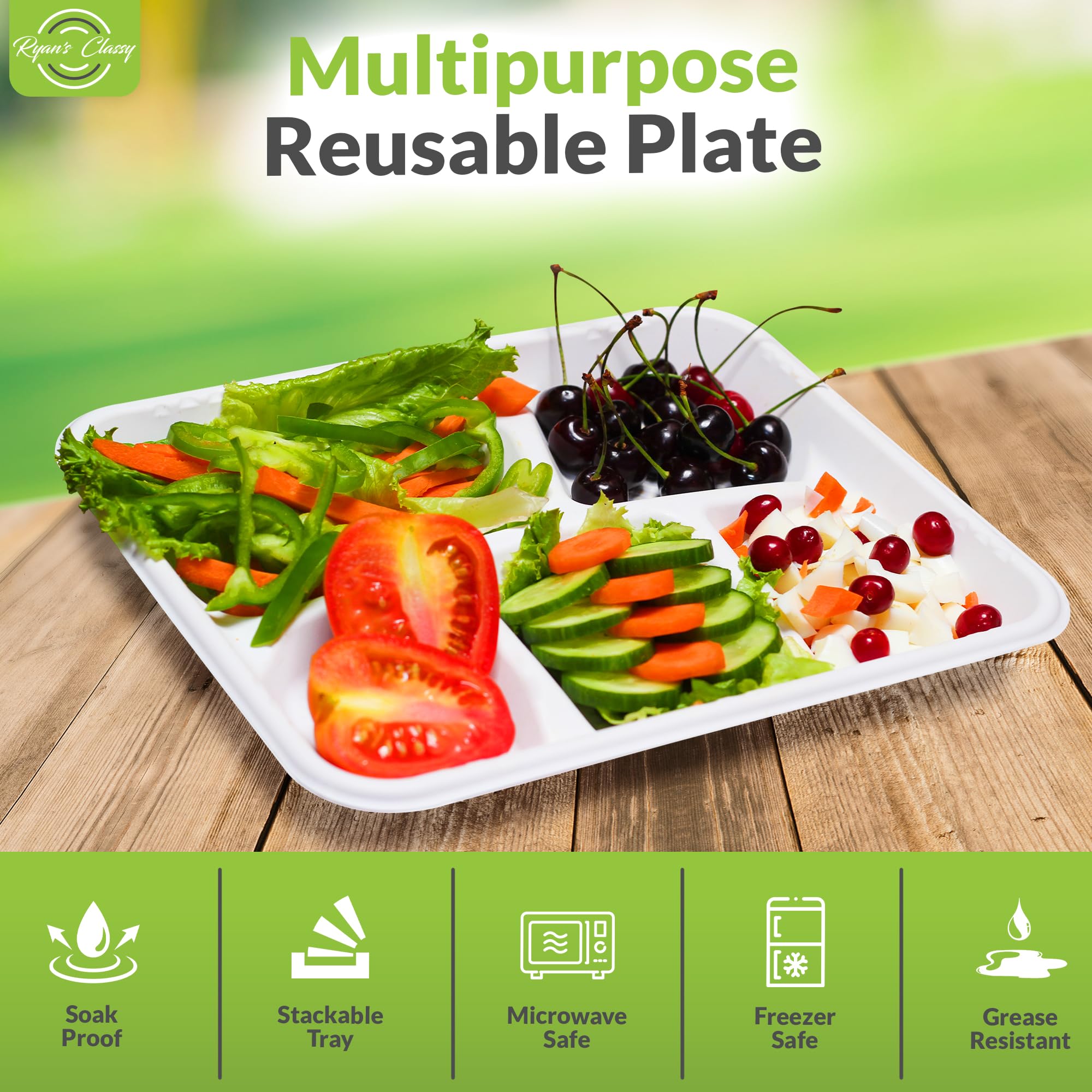 Ryan's Classy Plastic 5 Compartment Plates Disposable, 125 Pack Heavy-Duty Paper Plates with Compartment 10.5 x 8.5 inches Asian Plates Microwave Freezer Safe, Eco-Friendly School Lunch Trays
