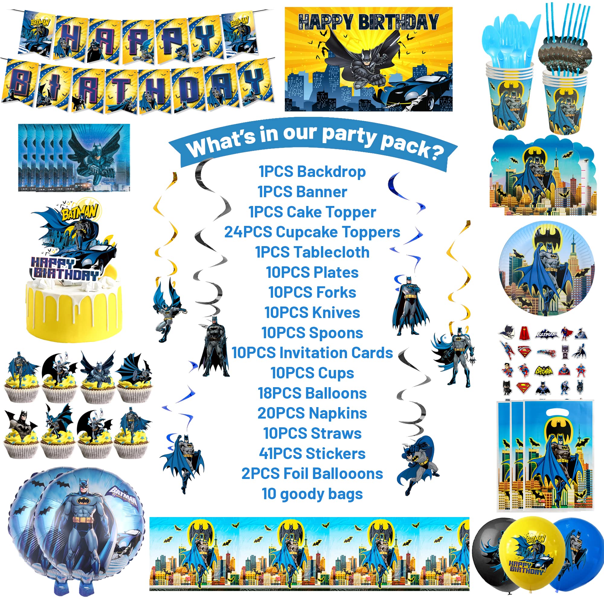 Superhero birthday party supplies, 192 Pcs Party Decorations Set Include Happy Birthday Banner, Sticker, Tableware, Plates, Table Cover, Swirls, Balloons