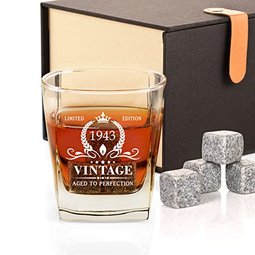Triwol 80th Birthday Gifts for Men, Vintage 1943 Whiskey Glass and Stones Funny 80 Birthday Gift for Dad Husband Brother, 80th Anniversary Present Ideas for Him, 80 Year Old Bday Decorations 12OZ