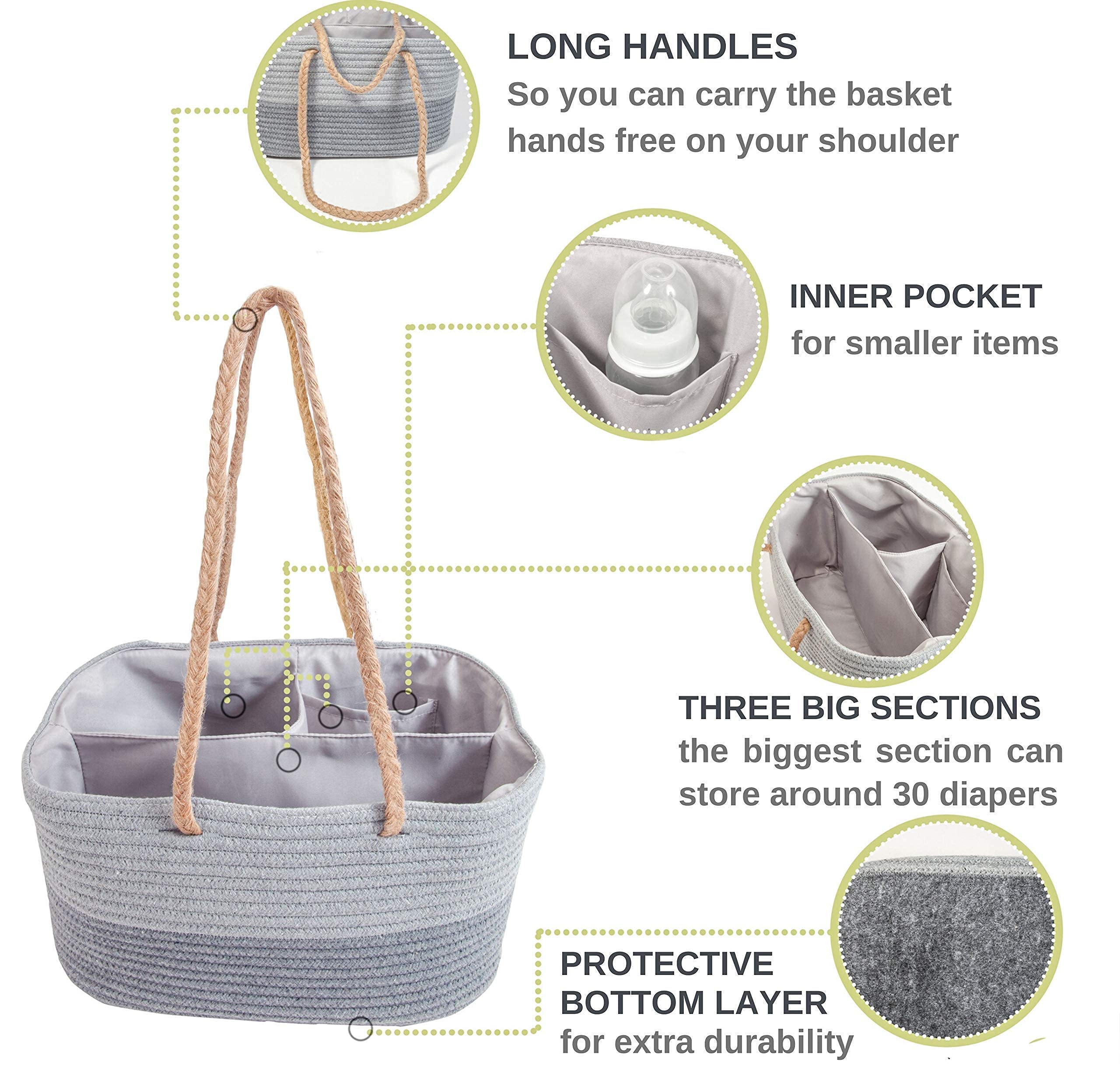 Rectangular Lined Cotton Rope Basket in Grey with Long Rope Handles and Compartments – Storage organizer for Baby Nursery, Diaper Caddy Organizer – Versatile Decorative Tote Caddy Basket by BoodaBooda