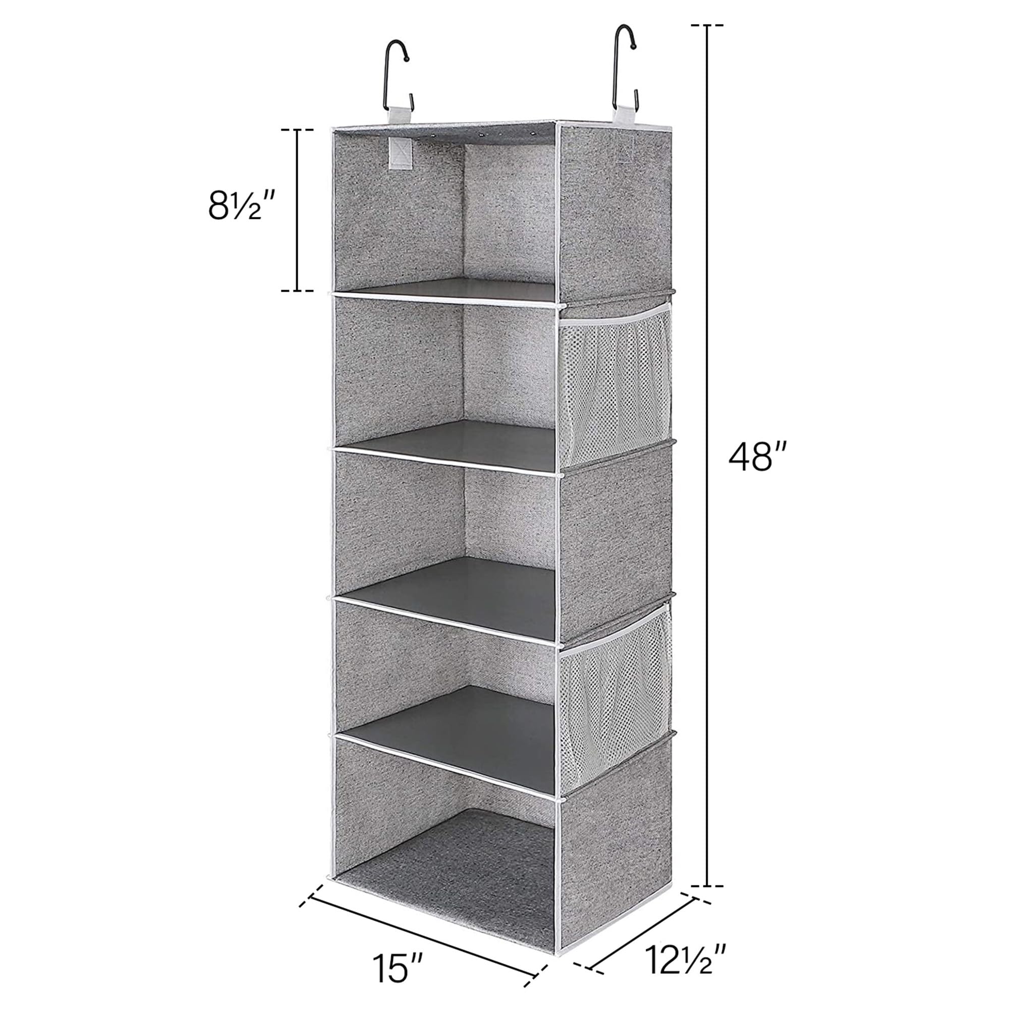 StorageWorks 5-Shelf Jumbo Hanging Storage Closet, Hanging Organizer for Closet Rod, Hanging Cloth Organizer Storage, Canvas, Gray, 13" D x 15" W x 47 ¾" H