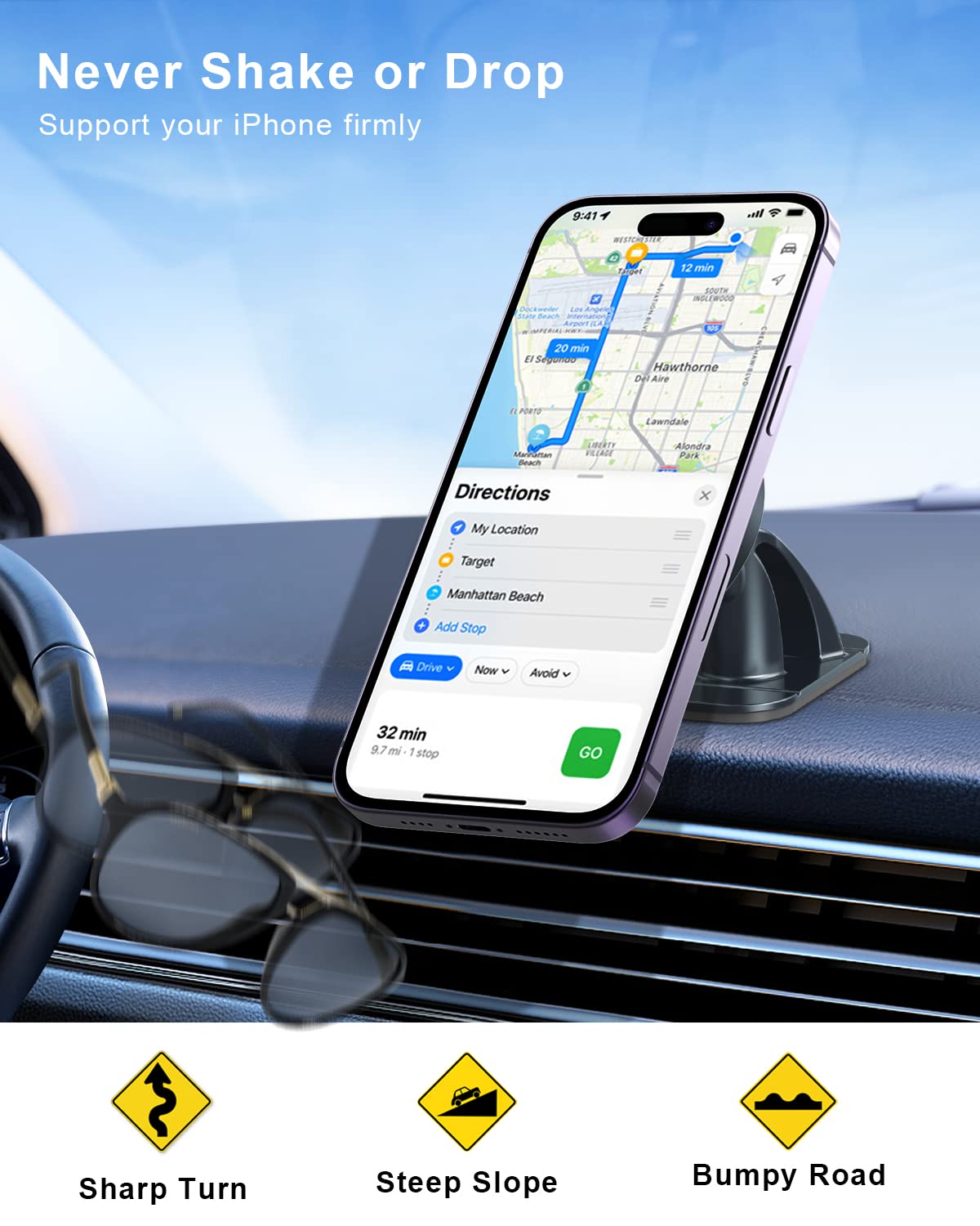 SUPERONE for MagSafe Car Mount, Strong [Never Drop] Magnetic Phone Holder for Car Dash, HandsFree 360° Rotation Phone Mount [Strongest 3M Adhesive] for iPhone 15 14 13 12 & MagSafe Case - Black