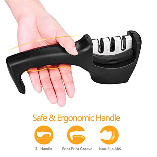 Smart Sharp Knife Sharpener - Professional 3 Stage Manual Sharpener for Sharpening Kitchen Knives - Ceramic Stone, Tungsten Carbide Plates, Diamond rods. Ergonomic Design, Black/Chrome Finish