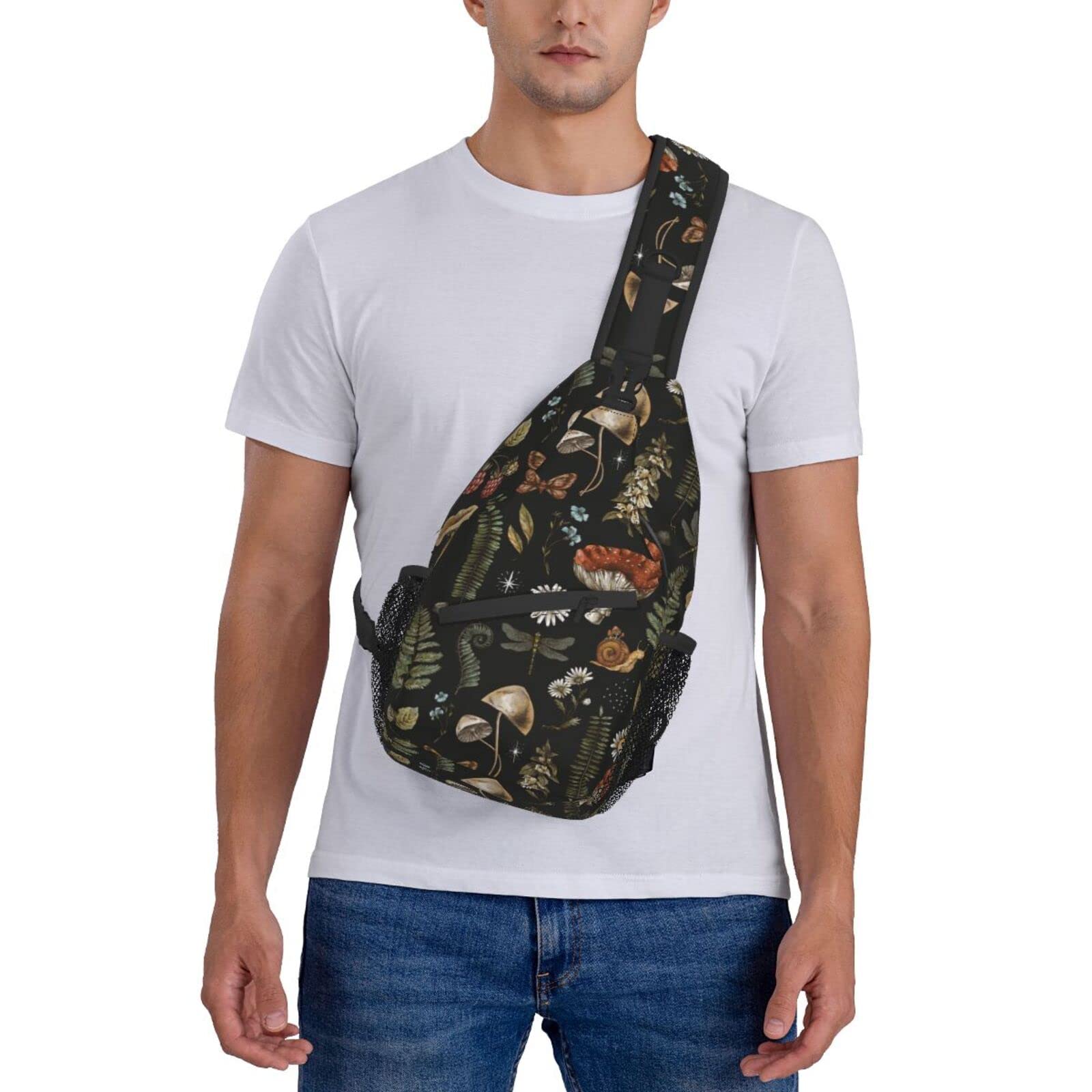 SUPLUCHOM Sling Bag Vintage Mushroom Leaf Forest Hiking Daypack Crossbody Shoulder Backpack Travel Chest Pack for Men Women Over 12 Years Old