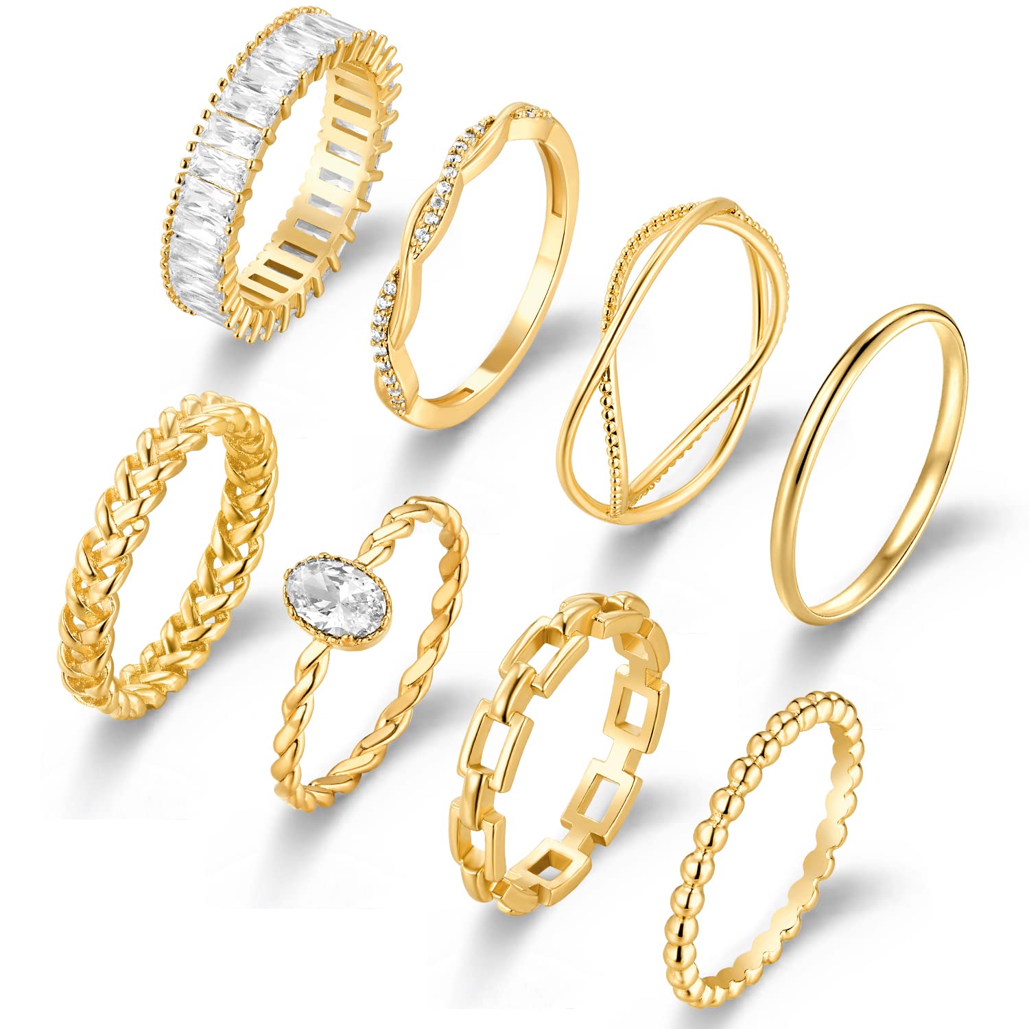 PNYFIL 8Pcs Emerald Cut Eternity Stackable 14K Gold Rings for Women - Baguette Ring, Dainty Rings for Women, Non-Tarnish Gold Rings, Stackable Rings for Women & Fashion Rings Set