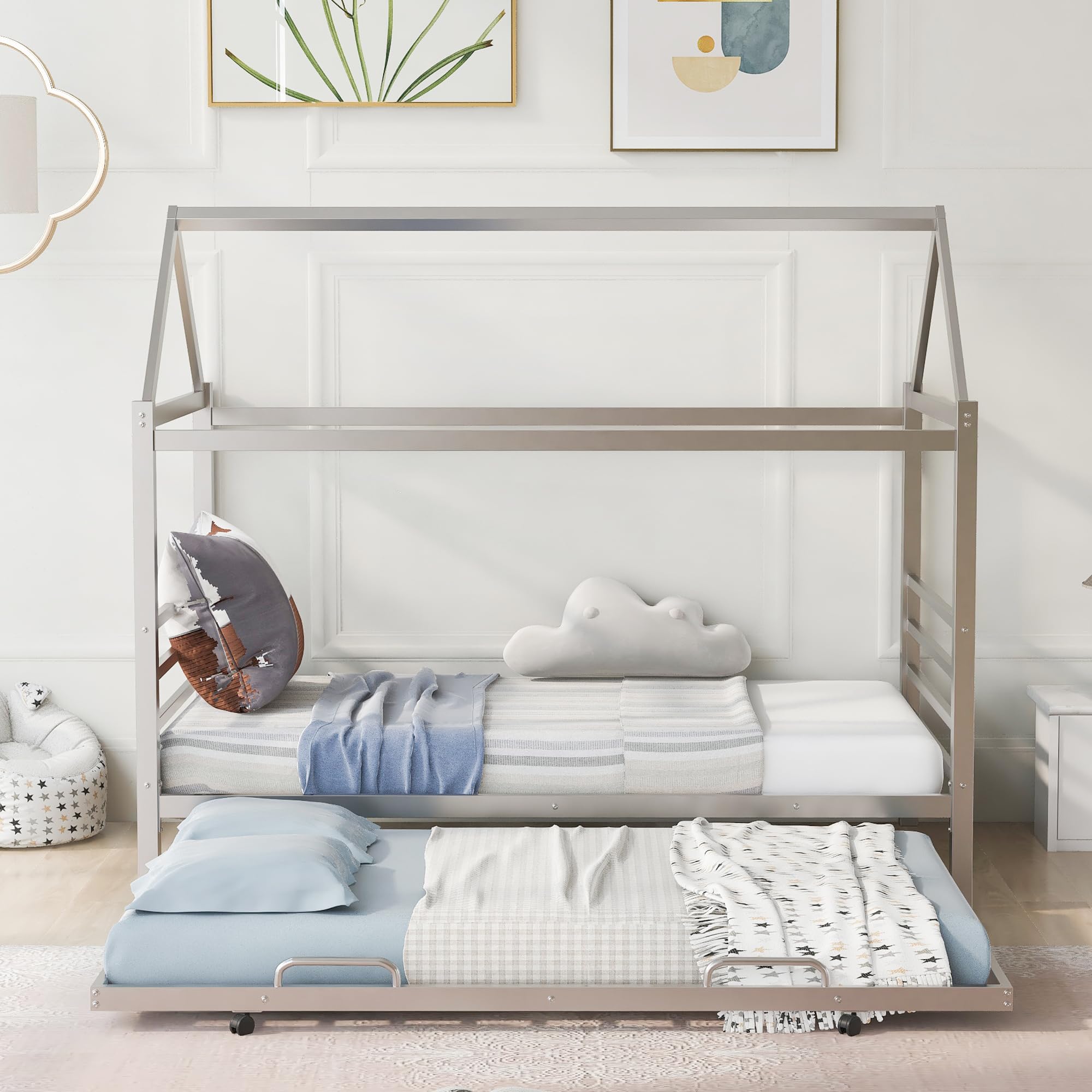 POCIYIHOME Twin Size Metal House Shape Platform Bed with Trundle, Modern Sturdy Metal Bed Frame with Solid Metal Slats for Kids,Teens Bedroom, Space-Saving, No Box Spring Needed, Silver