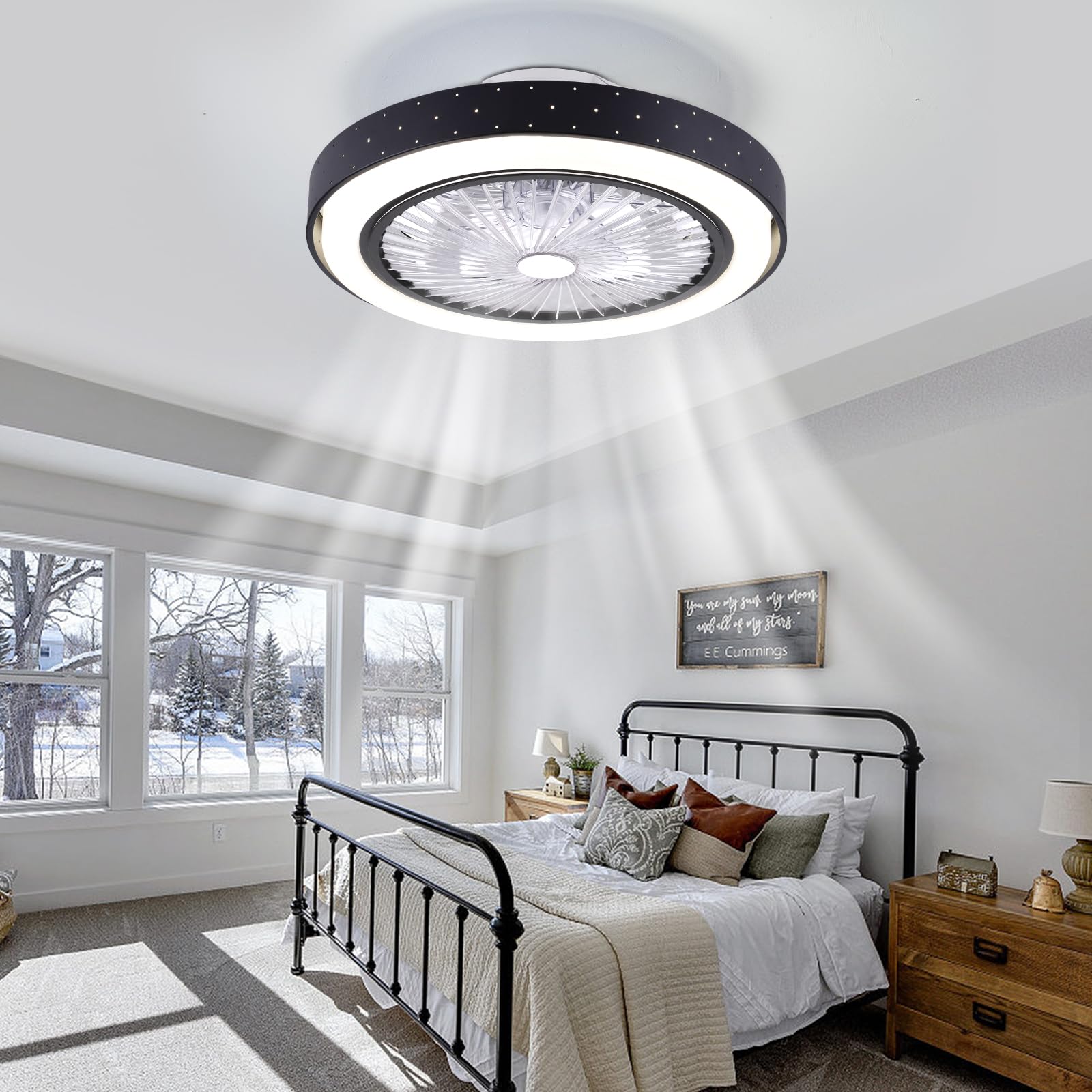 POWROL Ceiling Fans with Lights Bladeless Low Profile Remote Control Enclosed Ceiling Fan LED 3 Colors Dimming 3 Speed 19''Flush Mount Fan Light Iron Black Timer 1H/2H for Bedroom