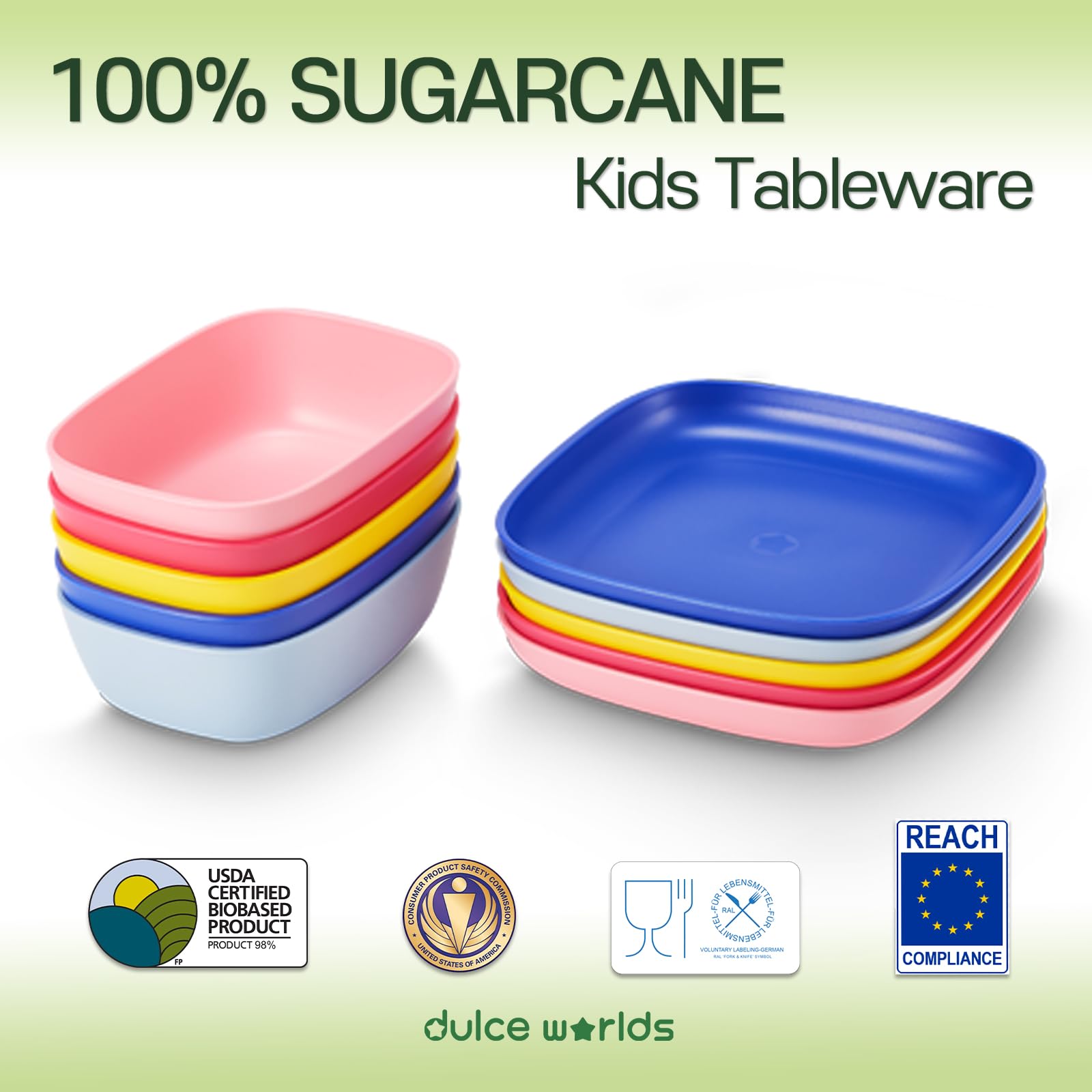 SUGARCANE Kids Plates 5Pack (7.9β) - Organic Dishes for Toddler to Big Kids - USDA Certified β Microwaves & Dishwasher Safe β BPA Free, Unbreakable, Reusable - Multi