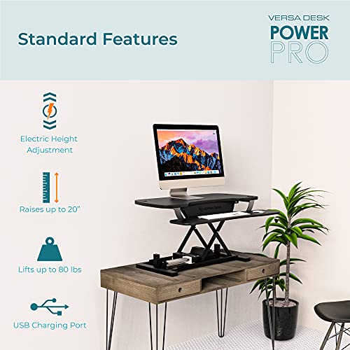 VERSADESK PowerPro Electric Height-Adjustable Desktop Riser, 40" Standing Desk Converter, Sit to Stand Desktop, Keyboard Tray, USB Charging Port, Black
