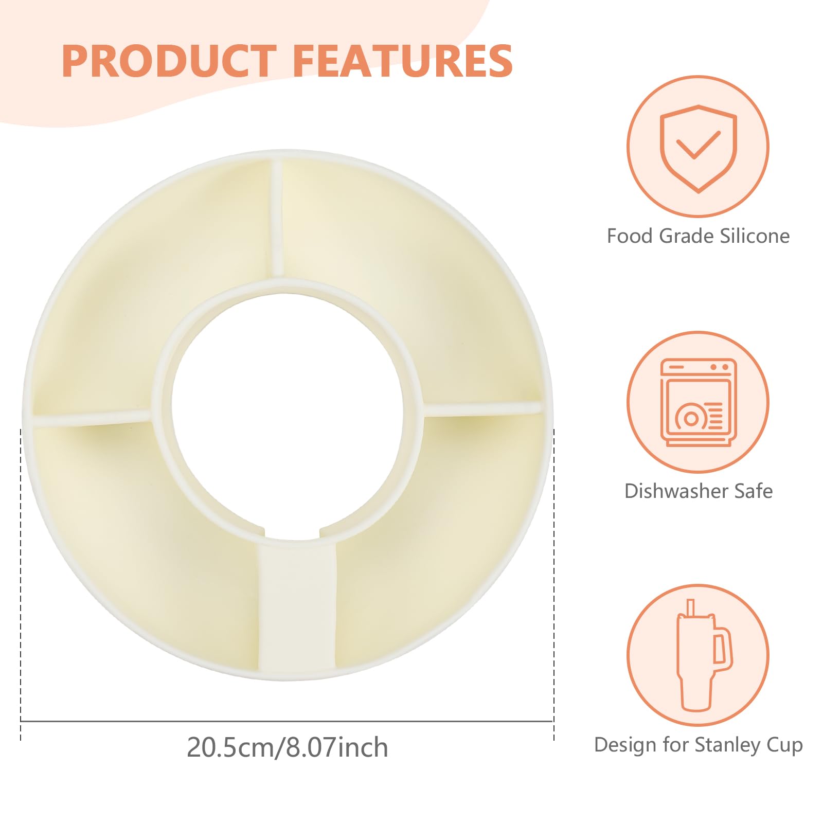 Silicone Snack Ring for Stanley Cup 40 oz with Handle, Snack Tray for Stanley Tumbler 40 oz, 4 Compartment Reusable Snack Platters for Stanley Quencher Adventure 40oz (Cream White)