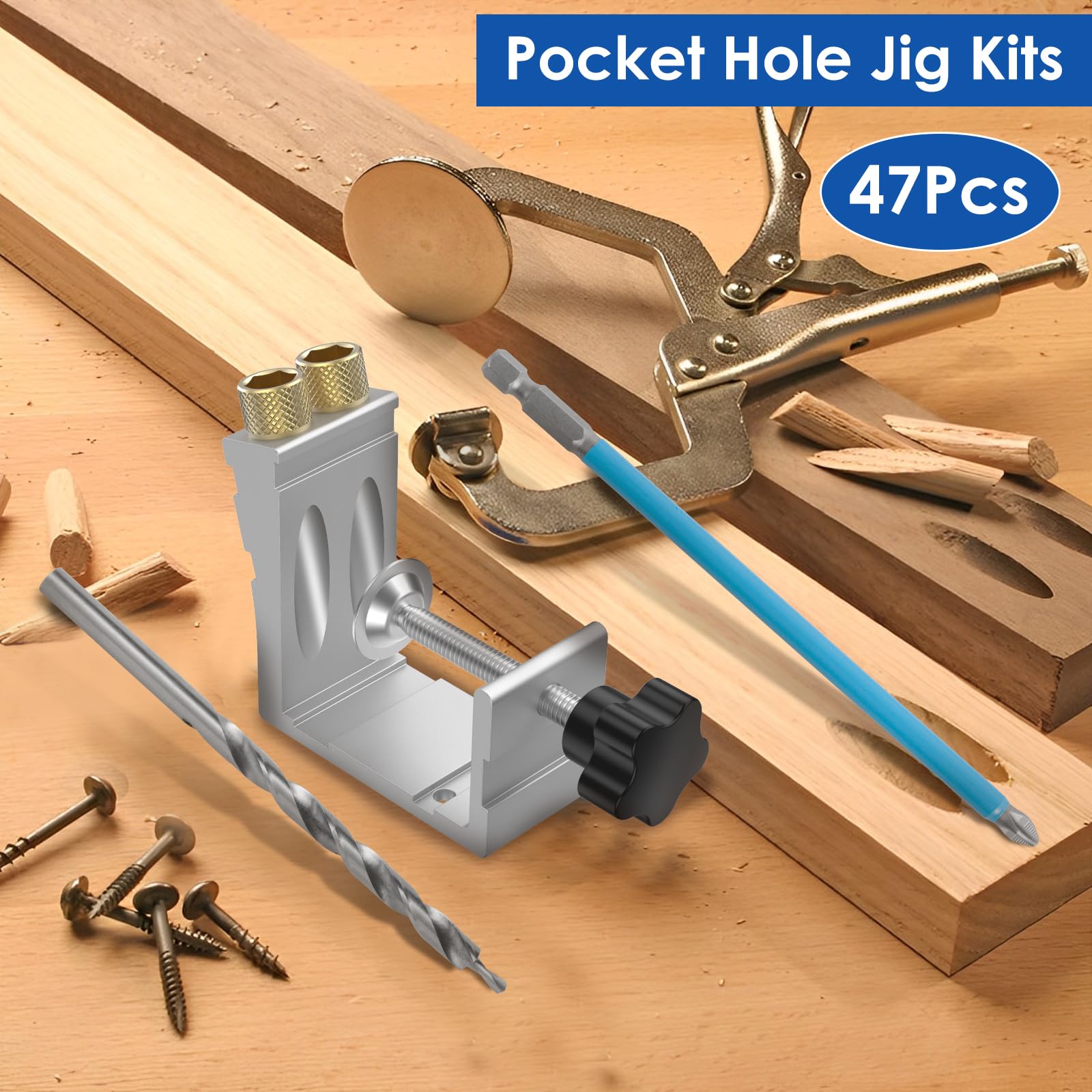 Pocket Hole Jig Kit,15 Degree Angle Oblique Hole Puncher Locato High Precision Adjustable Woodworking Drill Guide Tool Kit for DIY Carpentry Projects