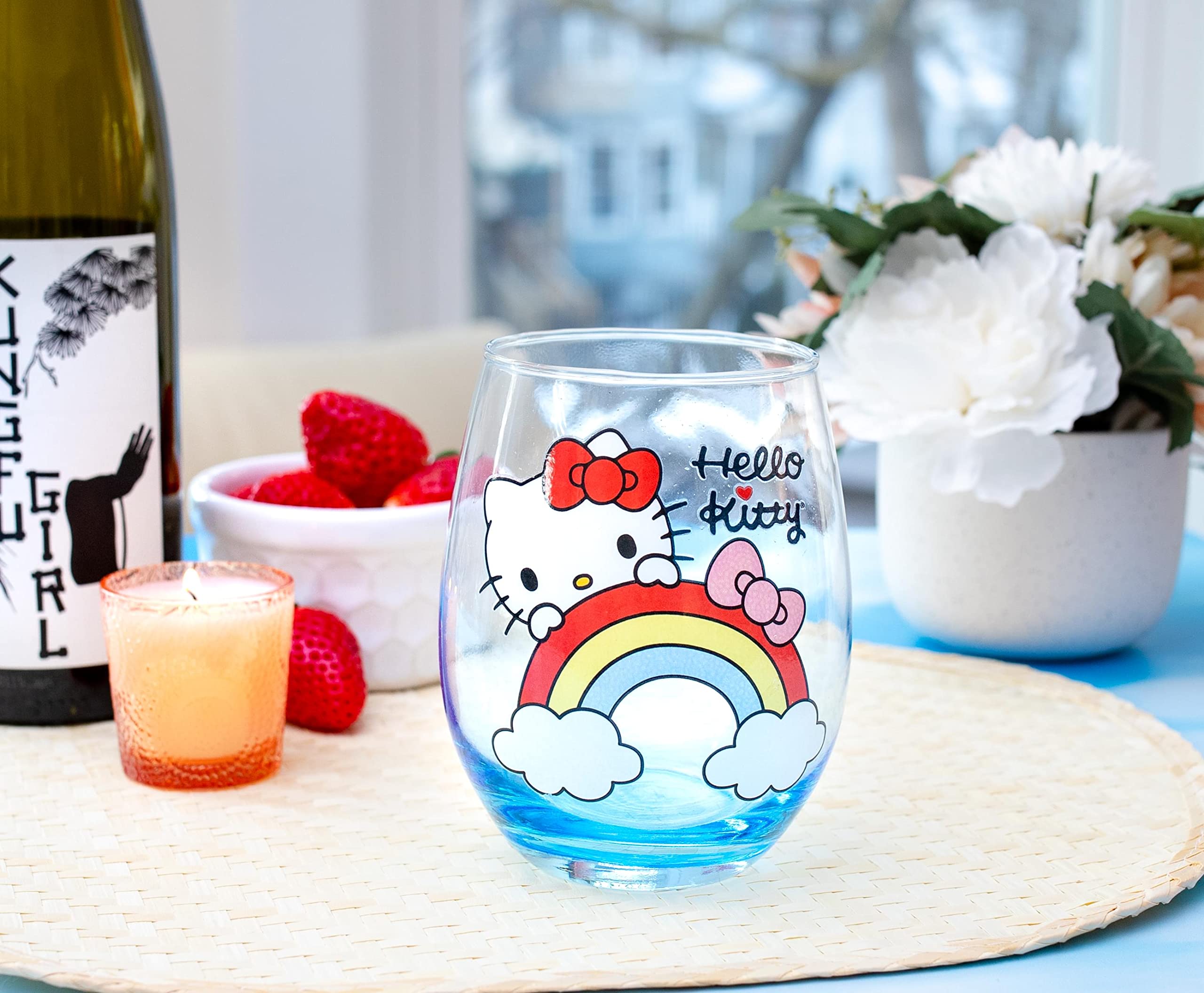 Toynk Sanrio Hello Kitty Rainbow Peek Stemless Wine Glass, Tumbler Cup For Cocktails | Holds 20 Ounces