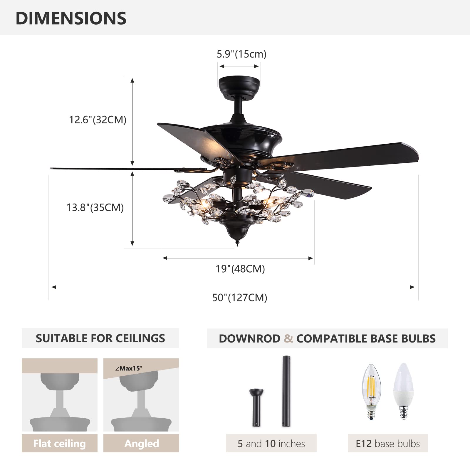 Siljoy 50" Reversible Crystal Ceiling Fan with Lights, Black Branches Ceiling Fan, 5 Wood Blades, Remote Control, Elegant Vintage Indoor Chandelier Fan Light Kit for Bedroom Dining Room