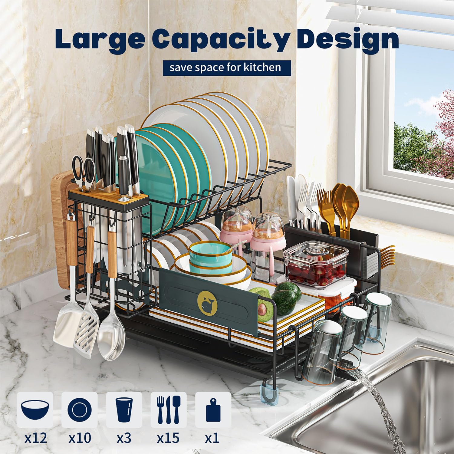 slhsy Dish Drying Rack for Kitchen Counter,Detachable 2 Tier Stainless Steel Dish Strainers with Utensil/Cup/Cutting-Board Holder and Knife Block Rust-Proof Dish Drainer,Black