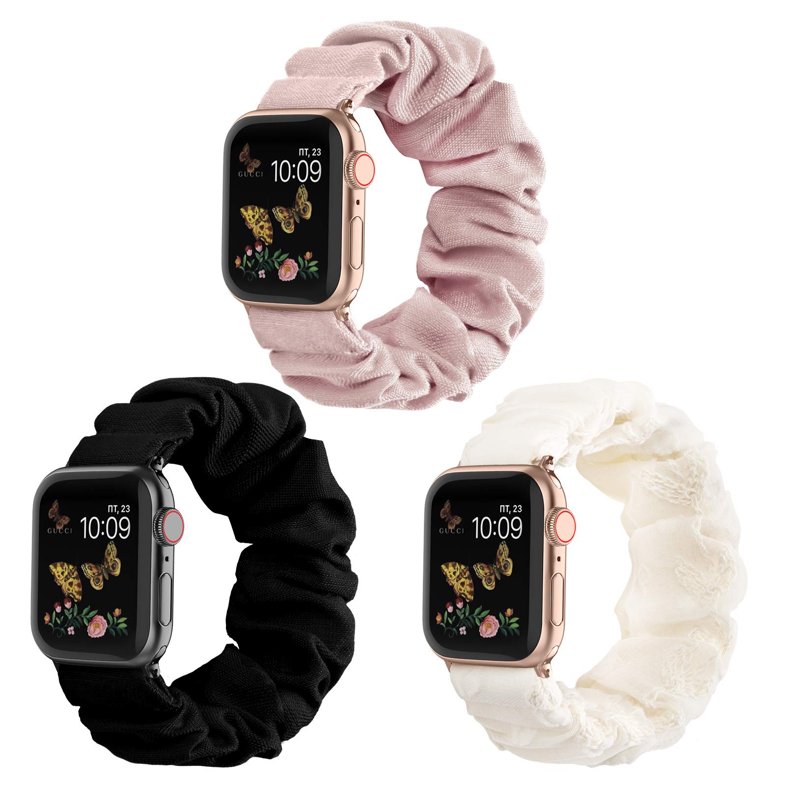 Recoppa Compatible for Apple Watch Band Scrunchie 38mm 40mm 41mm 42mm 44mm 45mm Cute Printed Elastic Solo Loop Bands Women Bracelet Strap for iWatch Series 9 8 7 6 5 4 3 2 1 SE, 4 Packs
