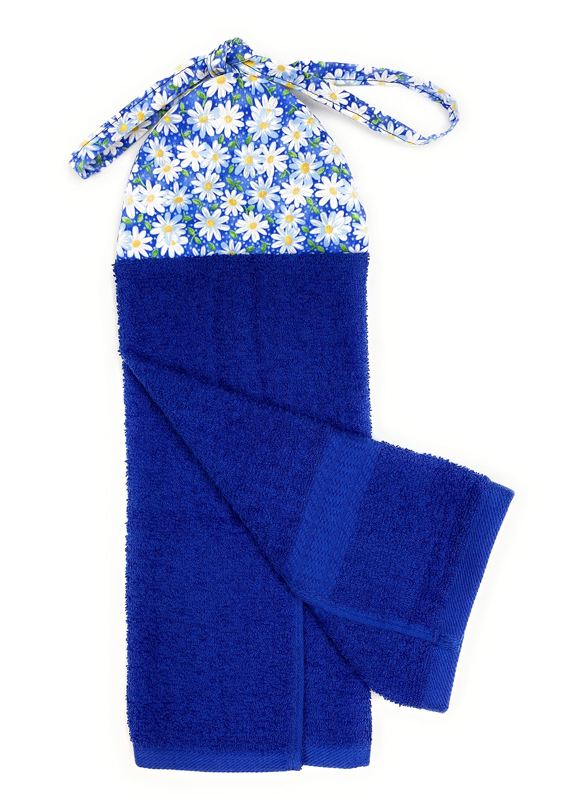 White and Yellow Daisy Daisies on Blue Reversible Ties On Stays Put Kitchen Bathroom Hanging Loop Hand Dish Towel