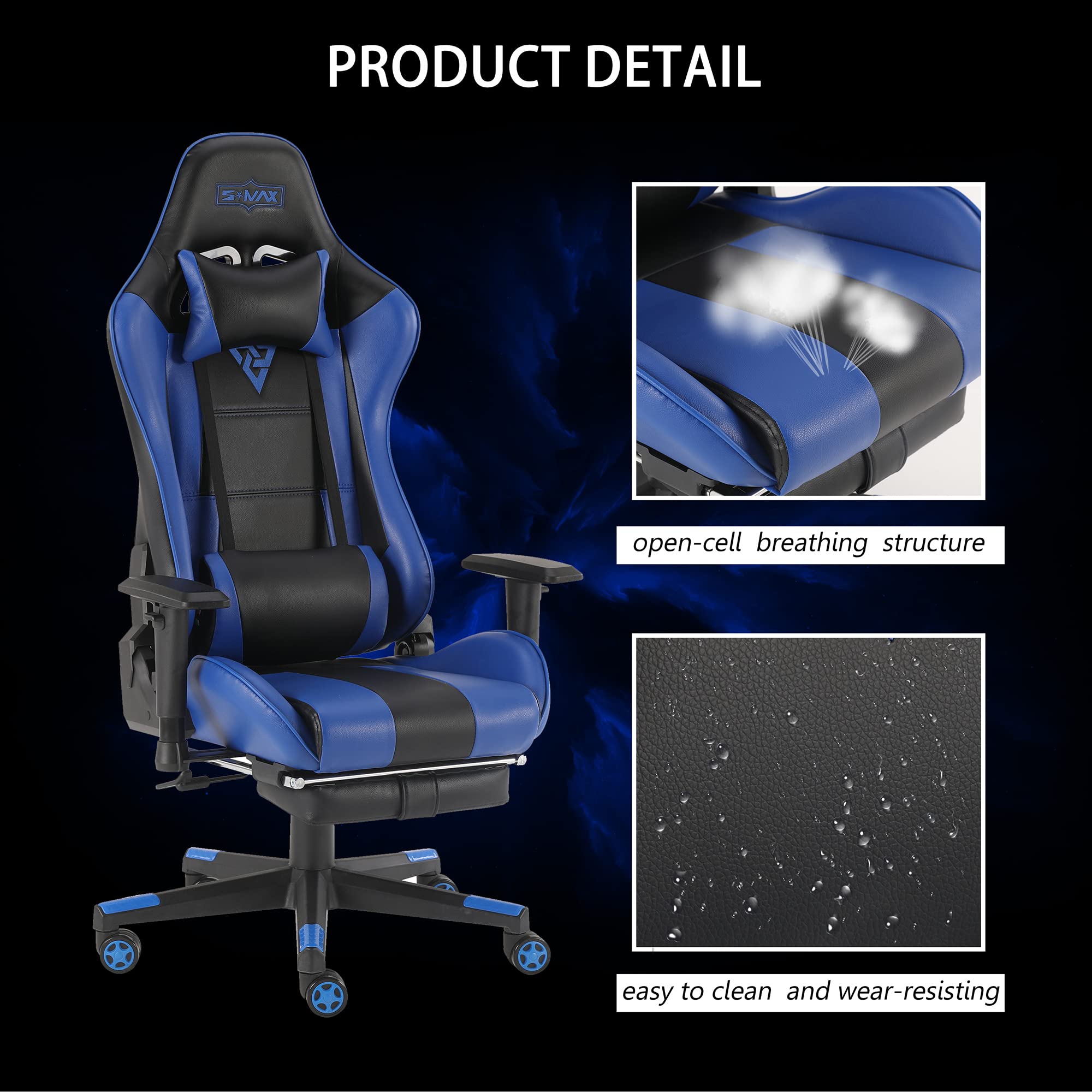 SMAX Gaming Chair with Footrest Racing Office Computer Ergonomic Video Game Chairs PU Leather Headrest and Massager Lumbar Support Adjustable Rolling Swivel Gamer Chair Black and Blue