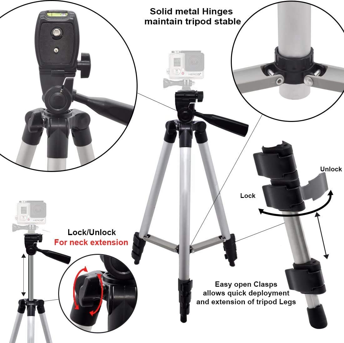 Professional Flexible Aluminum Lightweight Portable Camera Tripod for iPhone/Samsung/Smartphone/Action Camera/DSLR Camera