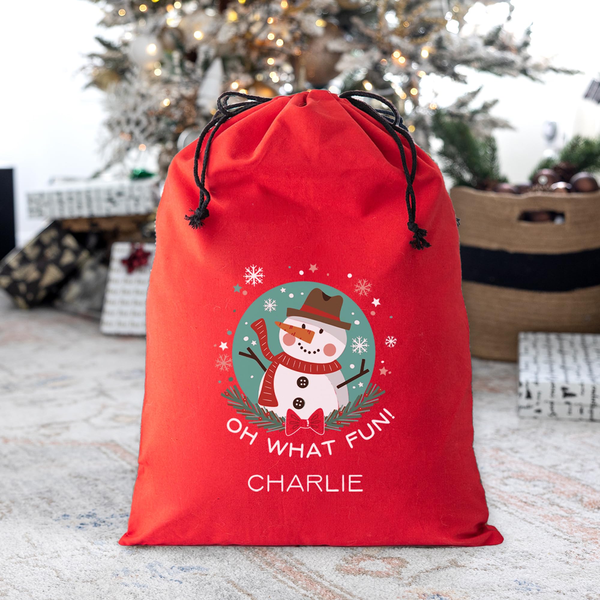 Qualtry Personalized Santa Sack Christmas Bag for Kids Presents (Snowman Design, Red 19.5” x 26”) - Large Cotton Sack with Drawstring - Giant Toy Bag with Name