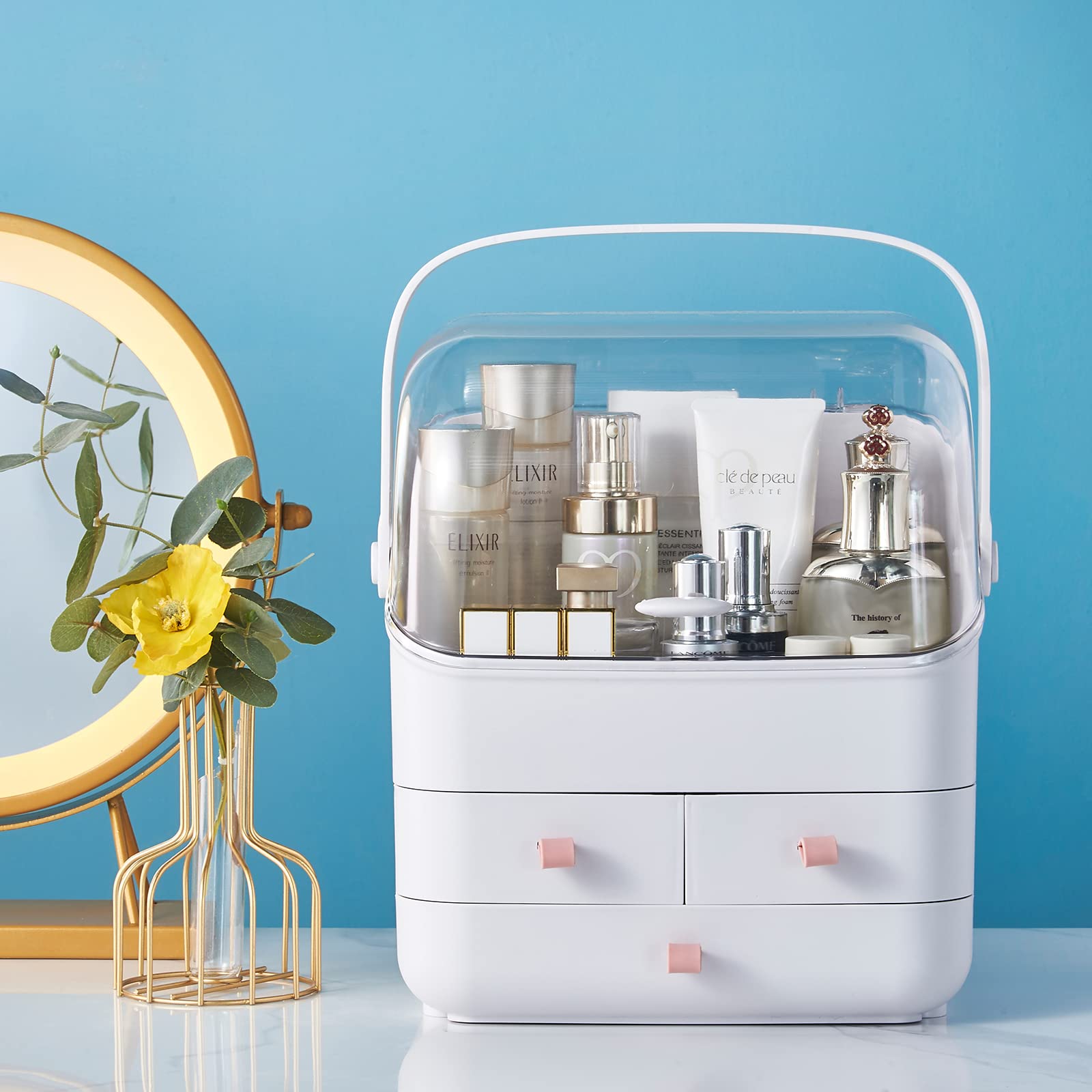 SUNFICON Makeup Organizer Holder Cosmetic Storage Box with Dust Free Cover Portable Handle,Fully Open Waterproof Lid, Dust Proof Drawers,Great for Bathroom Countertop Bedroom Dresser White