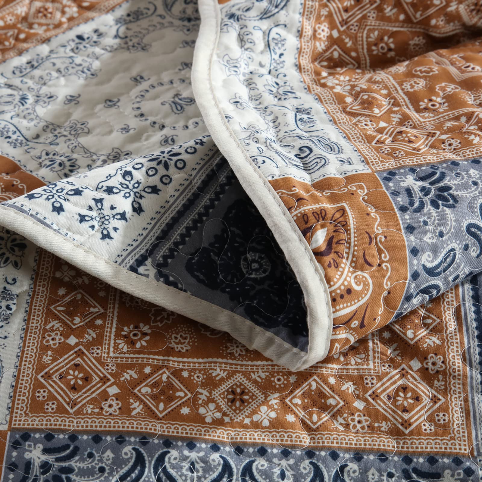 Qucover Quilts Queen Size 3-Piece Microfiber Polyester Reversible Brown Grey and Blue Patchwork Quilt with Shams, Lightweight Bedspreads Coverlet for Queen Beds, 90x98 Inch