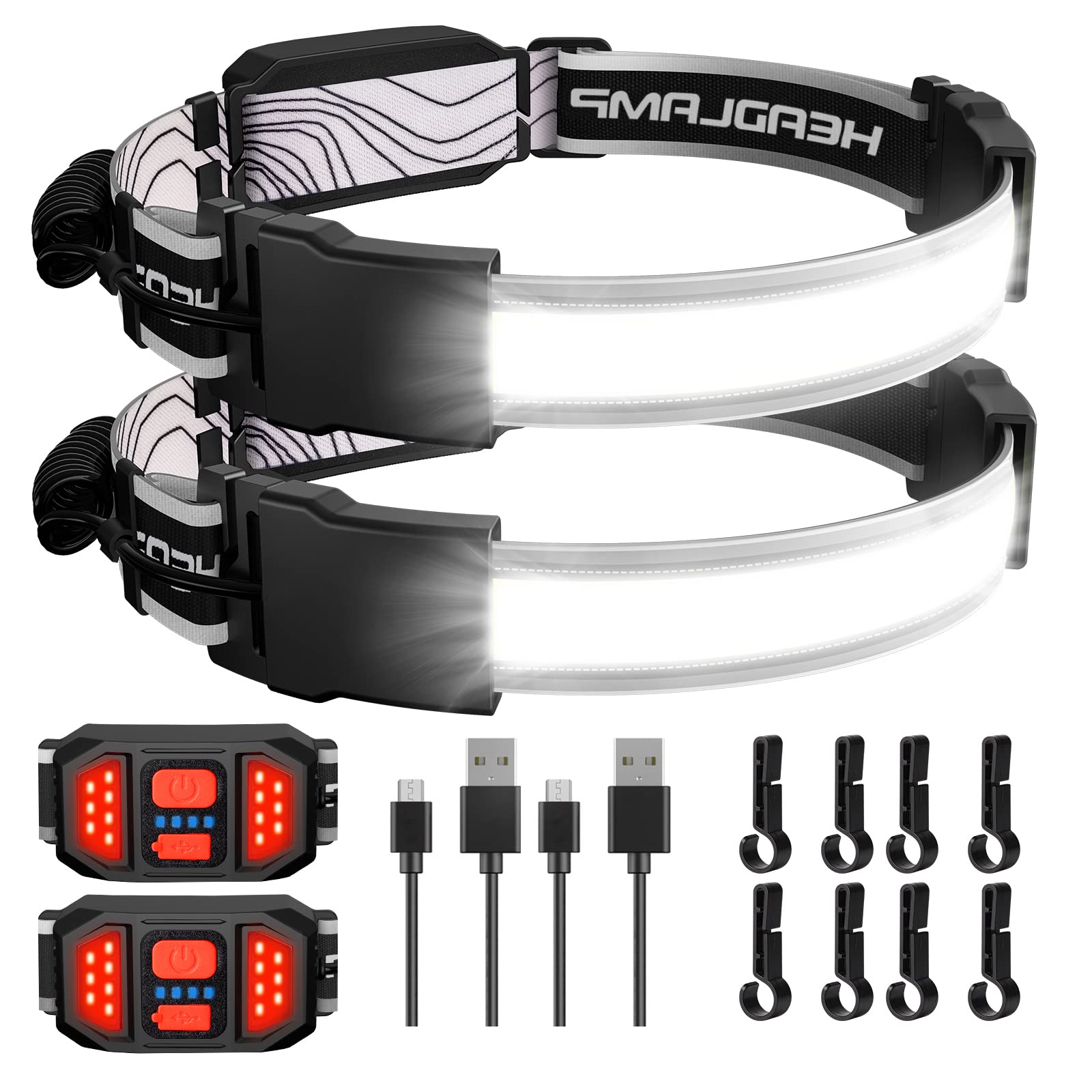 Svjestan LED Headlamp Rechargeable, 1000 Lumen Headlamp Hard hat Light Mechanic Light, 230°Wide Beam Headband Light with Red Tail Light, Lightweight Head Lamp for Running Camping(2-Packs)
