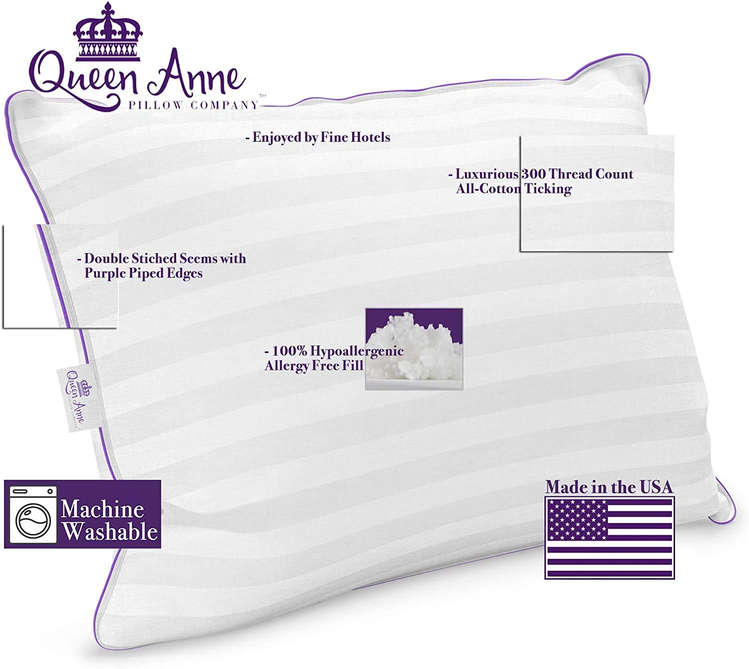 Queen Anne Luxury Hotel Pillows - Two Pack (2) - Majesty Down - Synthetic Down Alternative - Allergy Free Hypoallergenic Bed Pillows - Made in USA (Queen Firm)