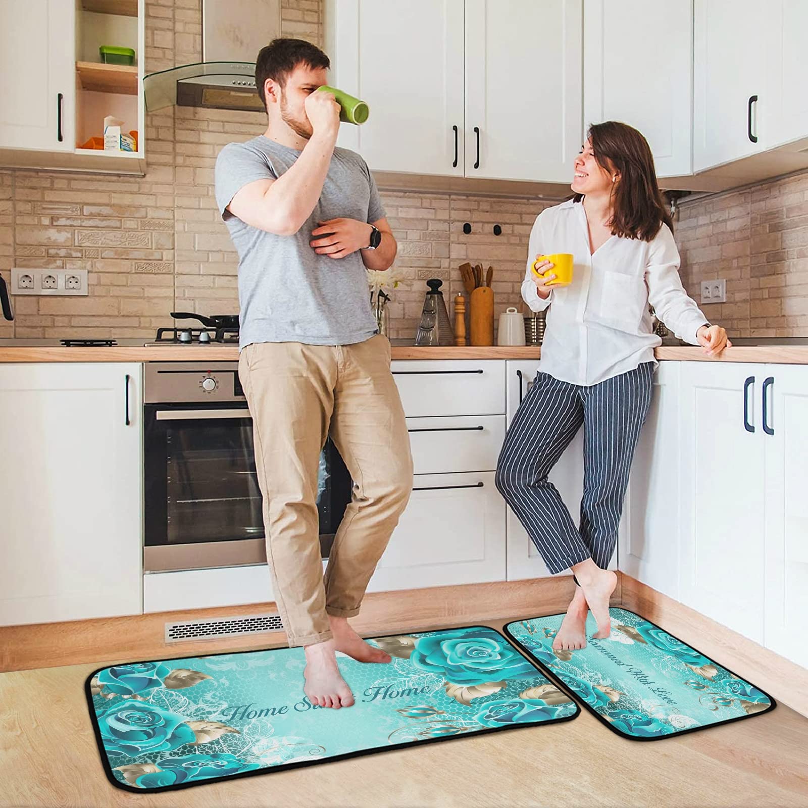 Turquoise Kitchen Rugs and Mats 2 Piece Non Slip Washable Teal Runner Rug Set for Floor Rose Kitchen Decor and Accessories Sweet Home Seasoned Love