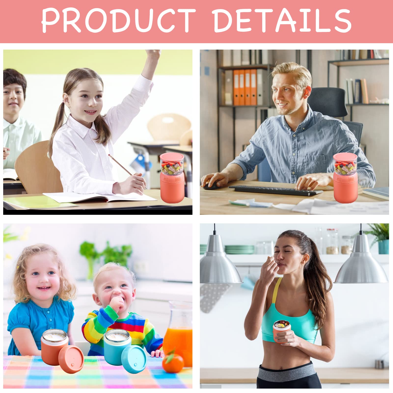 Yogurt Container with Lid and Spoon 2-Tier Cereal Cup,430 ml + 330 ml Cereal Cup Portable Leak-Proof Insulated Food Container Overnight Oats Containers Cereal Milk Cold Hot Food for Kids Adults