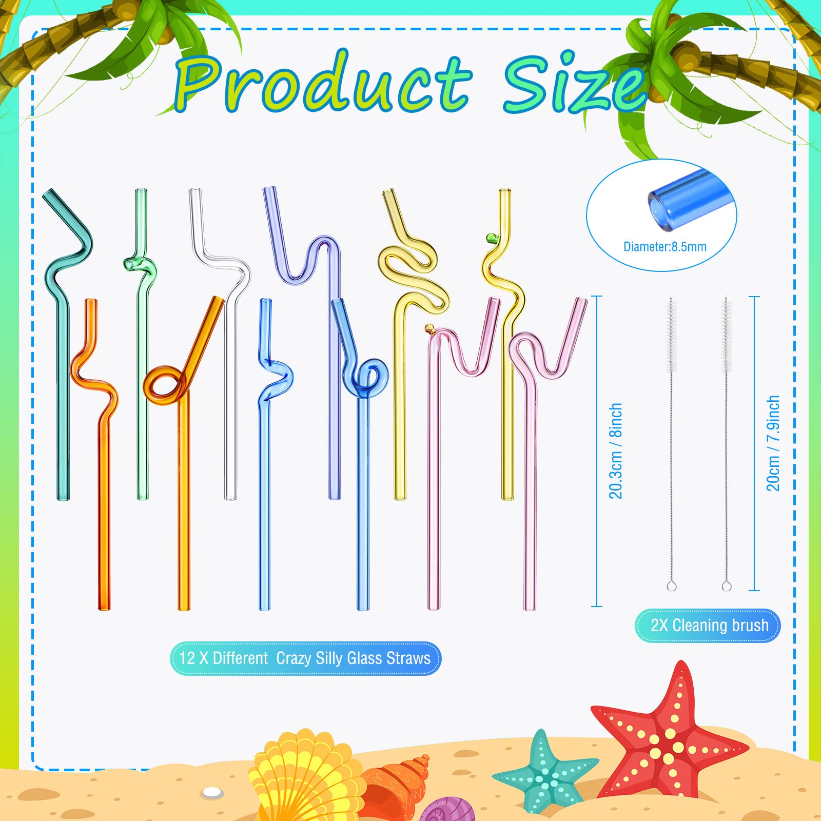 Yinkin 12 Pcs Wavy Glass Straw Curved Reusable Glass Straws Multicolor Clear Silly Straws Tea with 2 Cleaning Brushes for Kids, Drinking, Beverages, Coffee, Smoothies, Juice, Water