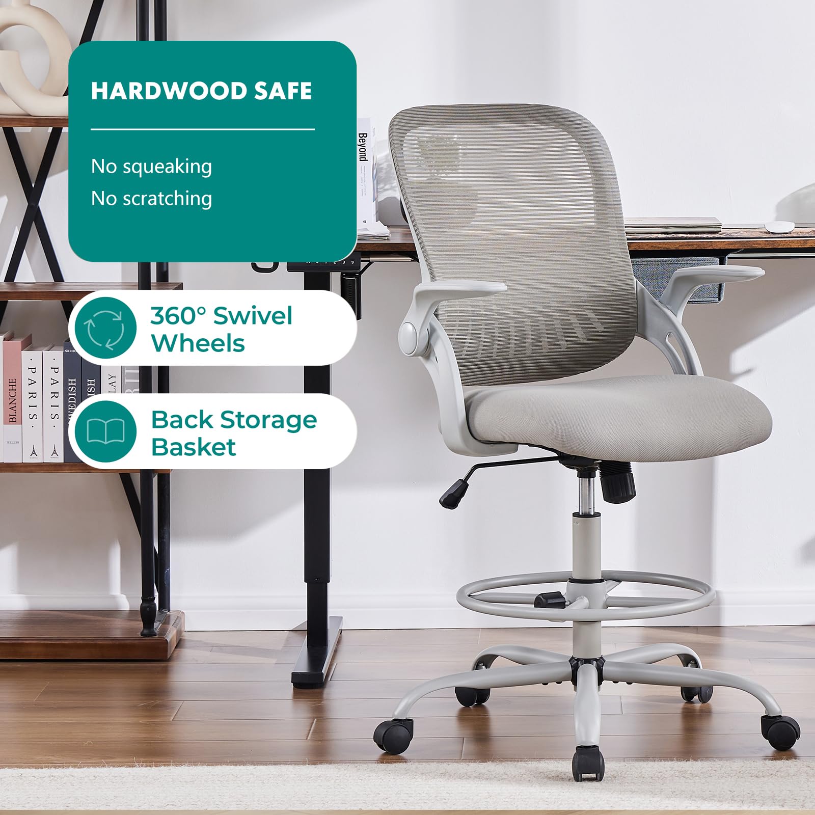 SMUG Drafting Chair, Tall Office Chair Tall Standing Desk Chair Counter Height Adjustable Office Chair with Flip-up Arms, Mid Back Mesh Office Drafting Chairs, Grey