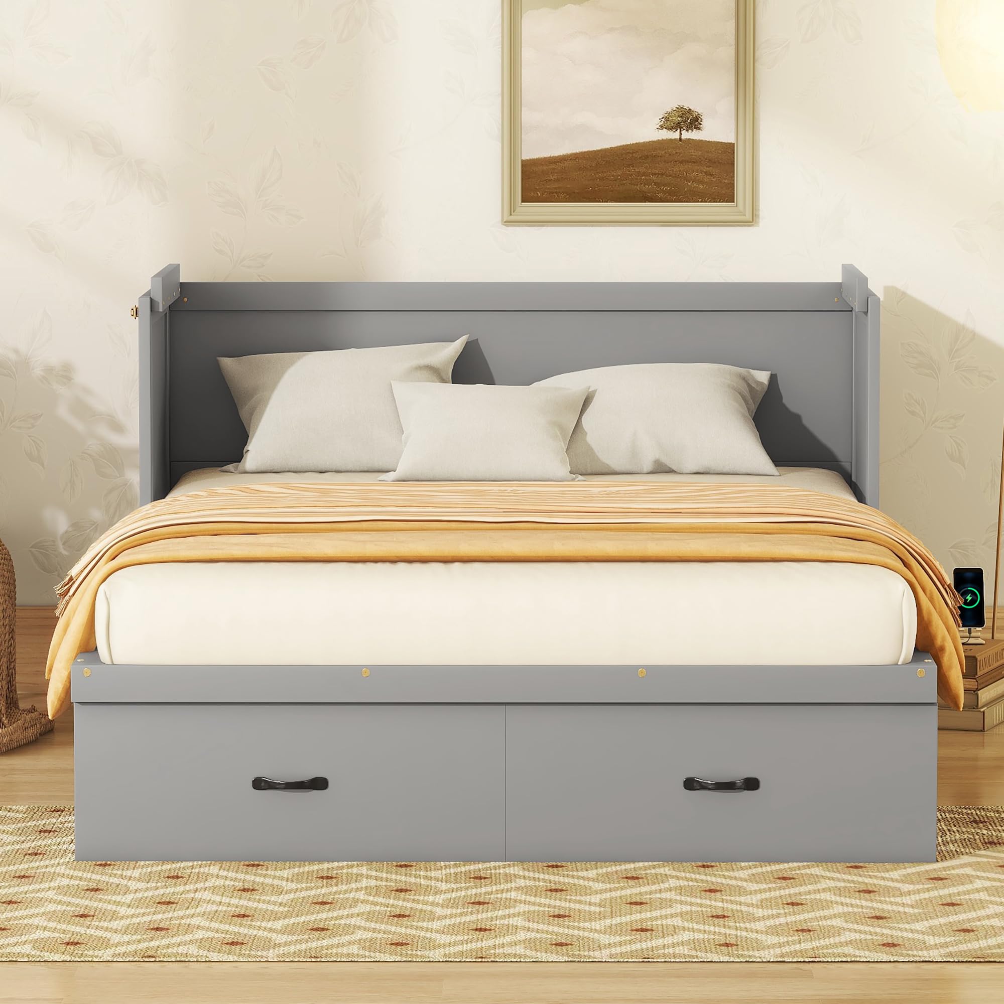 Queen Size Murphy Bed and Storage Drawers and USB Port, Space-Saving Wall Bed with Storage,Murphy Bed for Living Room