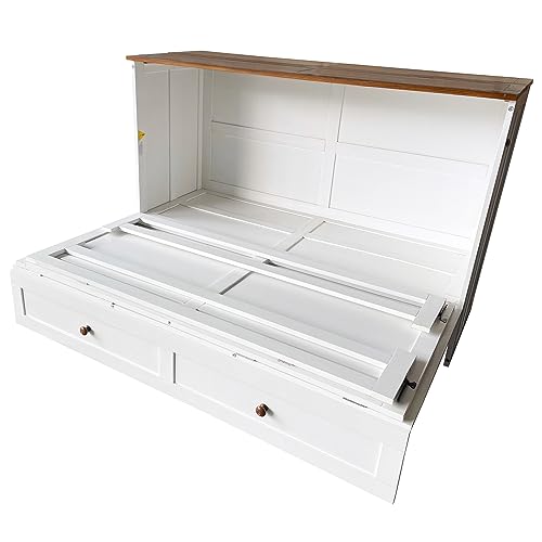 Queen Size Solid Pine Murphy Bed Chest with Charging Station and Large Storage Drawe,Folding Feature Perfect for Home Office or Small Room.