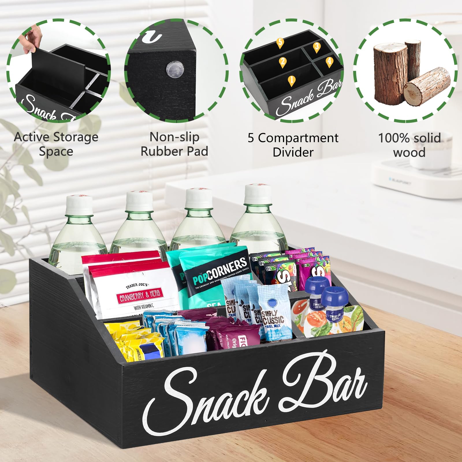 Snack Organizer for Countertop, Wooden Snack Tray and Food Storage Organizer Bins, Large 5-Compartment Snack Basket for Pantry, Kitchen Cabinet Pantry Organizer and Storage Bins for Snacks, Packets