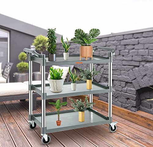 VEVOR Utility Service Cart, 3 Shelf Heavy Duty 220LBS Food Service Cart, Rolling Utility Cart with Lockable Wheels, 40" x 19.3" x 38.6" Plastic Utility Cart for Kitchen Office Restaurant Home, Grey