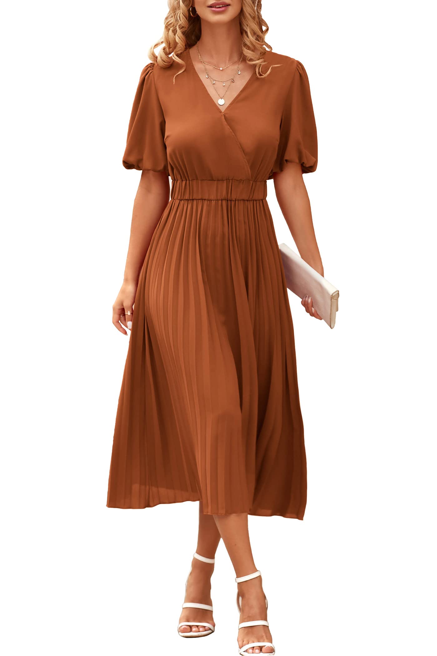 PRETTYGARDEN Women's Summer Pleated Midi Dress Wrap V Neck Puff Sleeve Casual Chiffon A Line Flowy Dresses (Brick Red,Large)