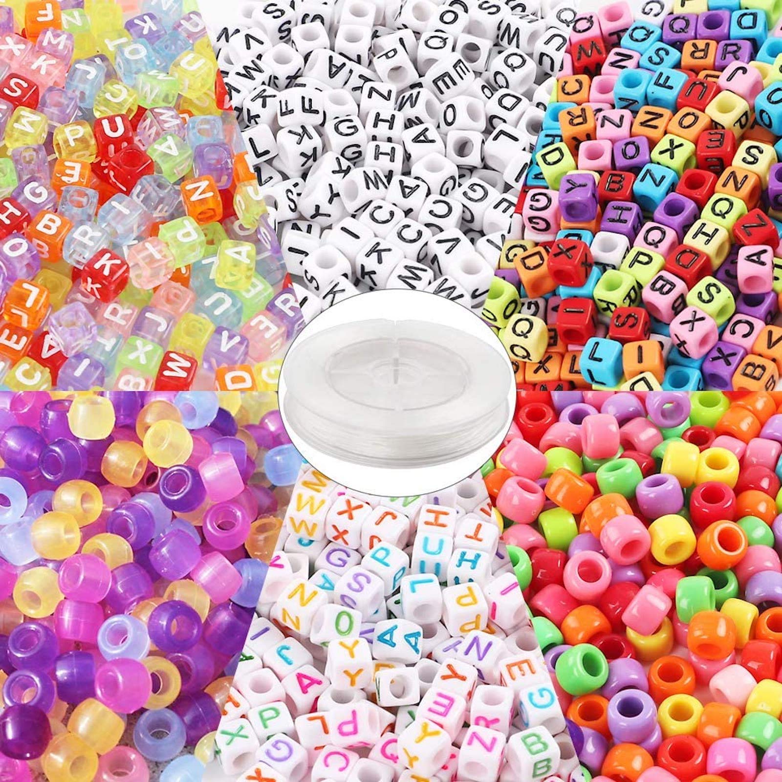 Quefe 1500pcs Beads Kit Letter Beads Assorted Acrylic Alphabet Beads Large Hole Beads UV Beads 6 Styles with 50 Meters Elastic String for Bracelets Crafts and Necklaces Making